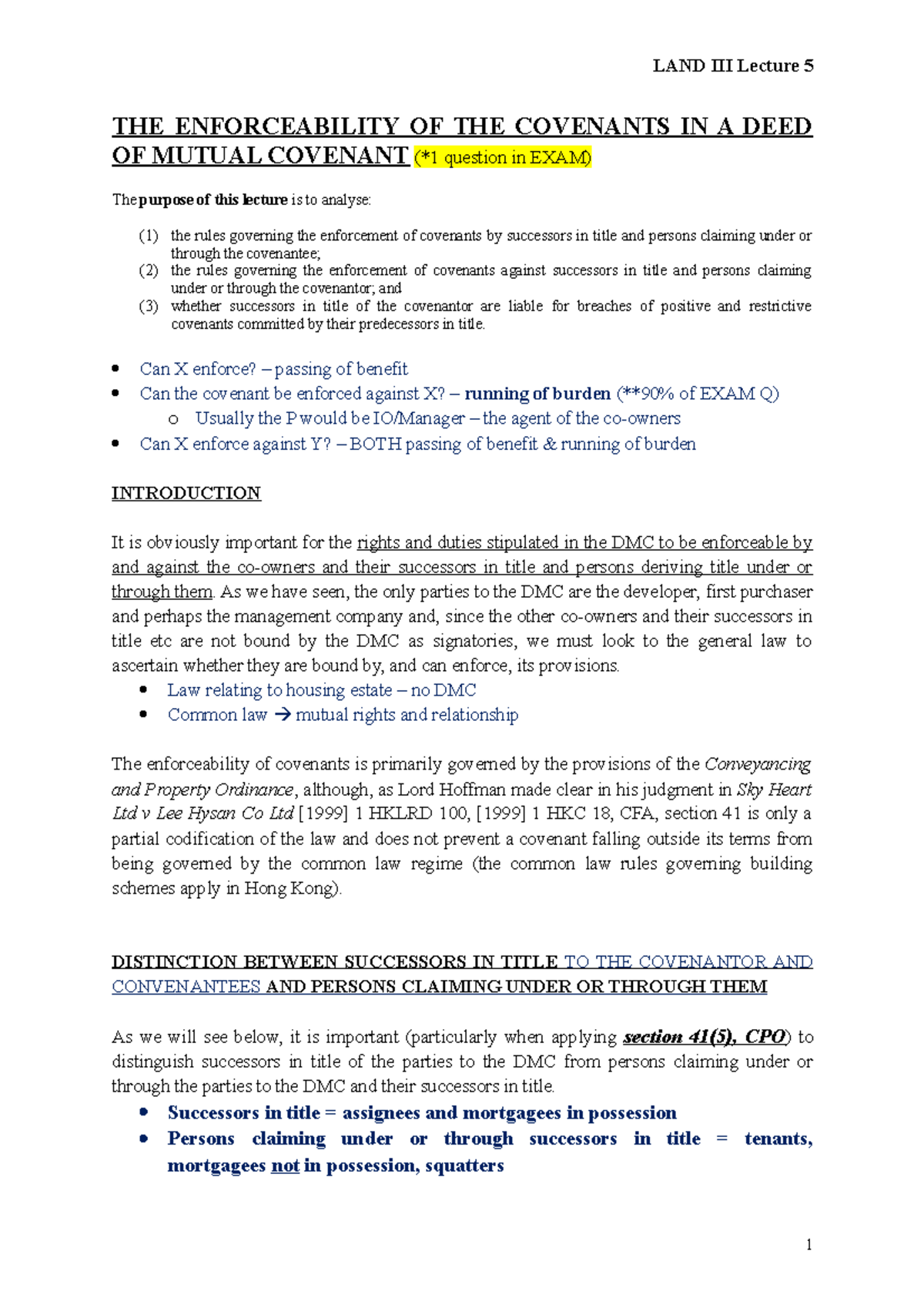 LAND Lecture 5 Enforcement of covenants in DMC - THE ENFORCEABILITY OF ...