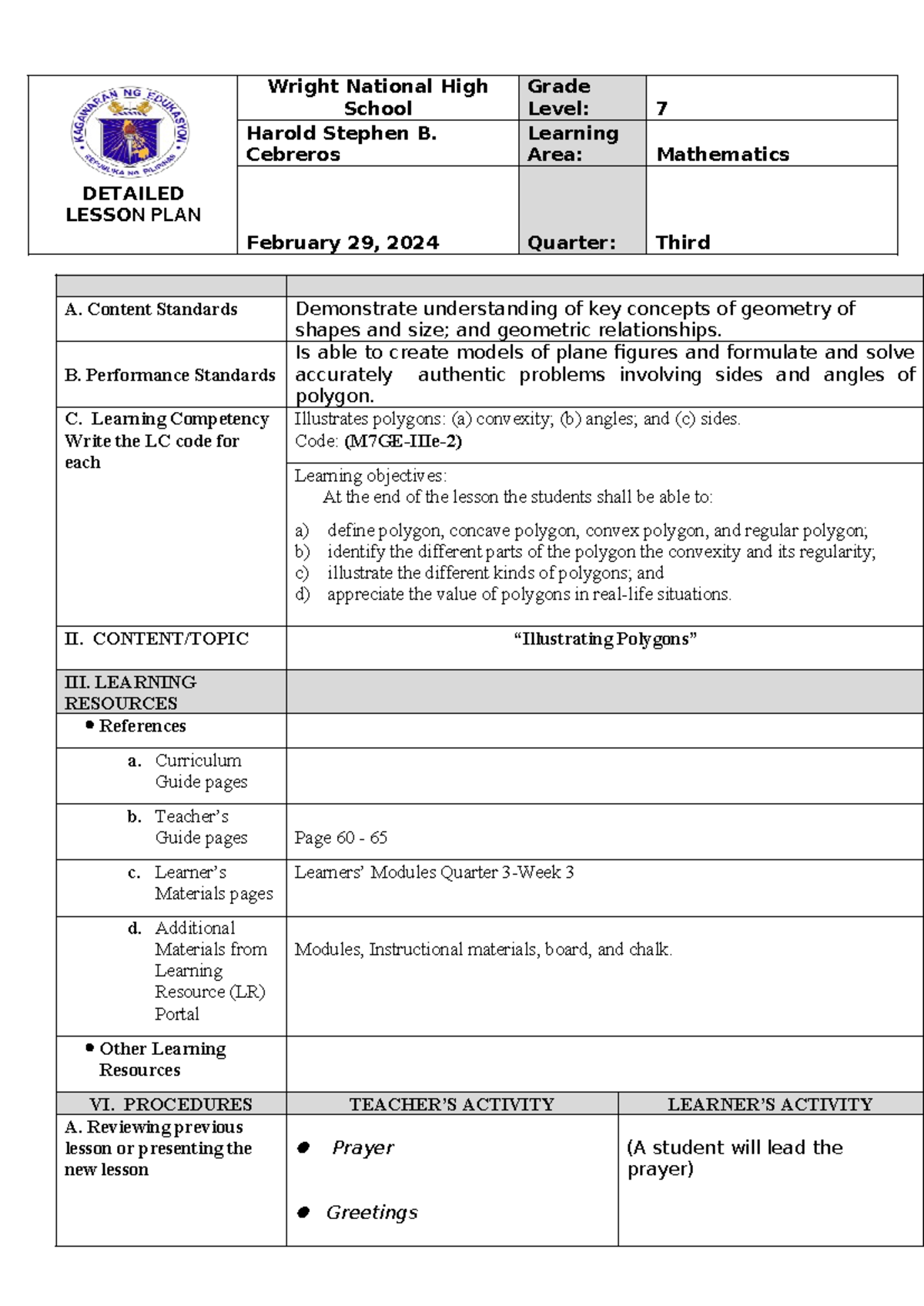 1. Illustrating Polygon - DETAILED LESSON PLAN Wright National High ...