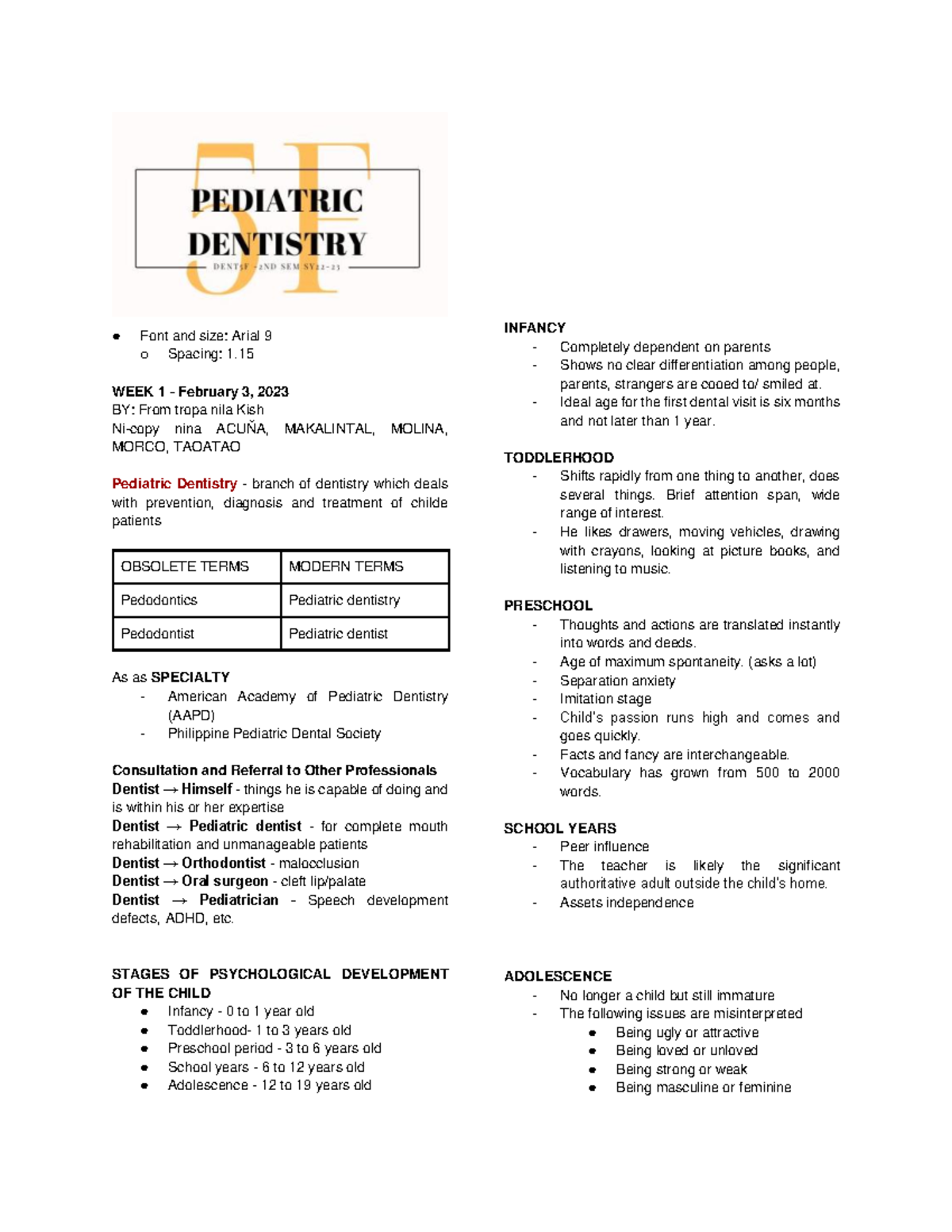 Pediatric Dentistry - Font and size: Arial 9 o Spacing: 1. WEEK 1 ...
