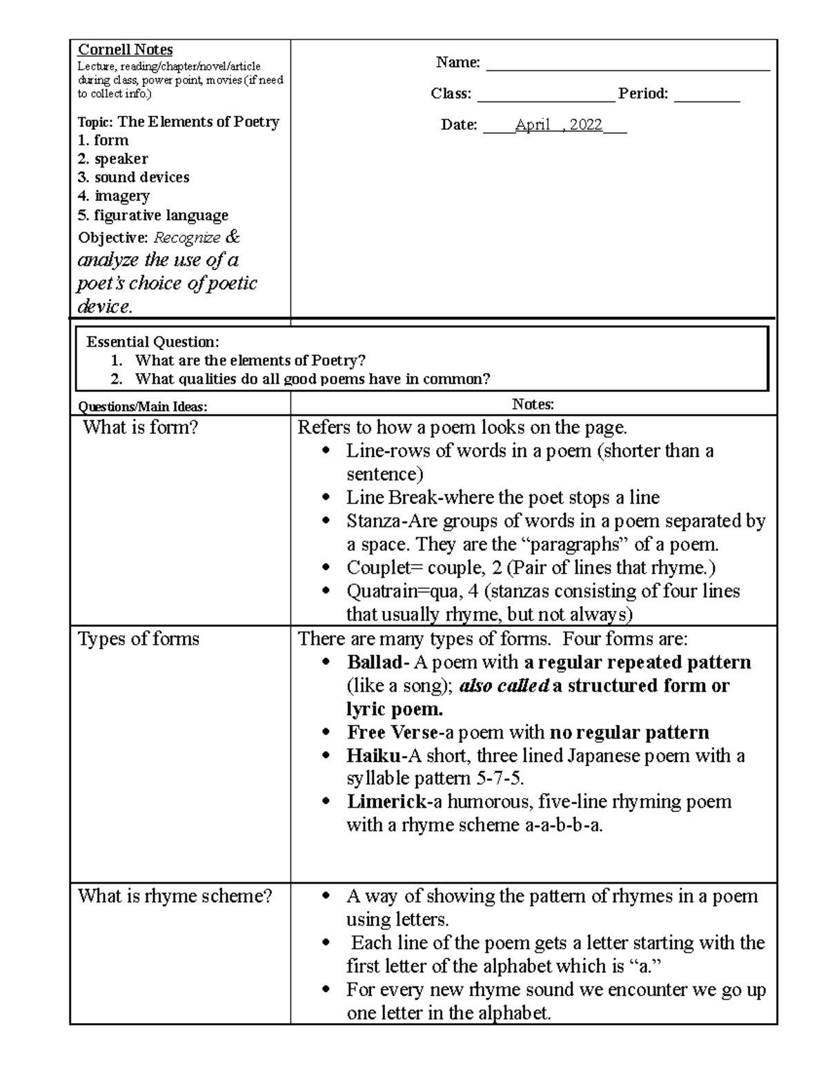 Cornell Notes Elements of Poetry - Cornell Notes Lecture, reading ...