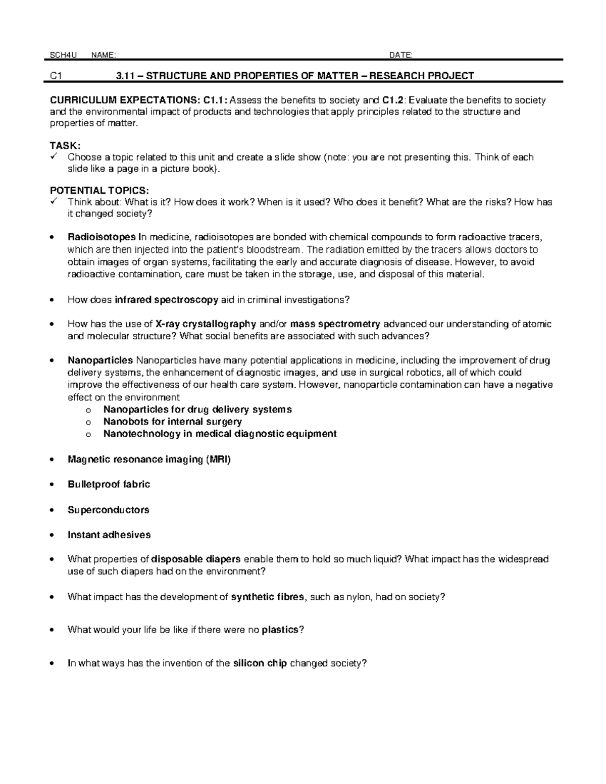 3.11 - UNIT C Project - gjhgjgkjhgkjgh - SCH4U NAME: DATE: C 1 3 .11 ...