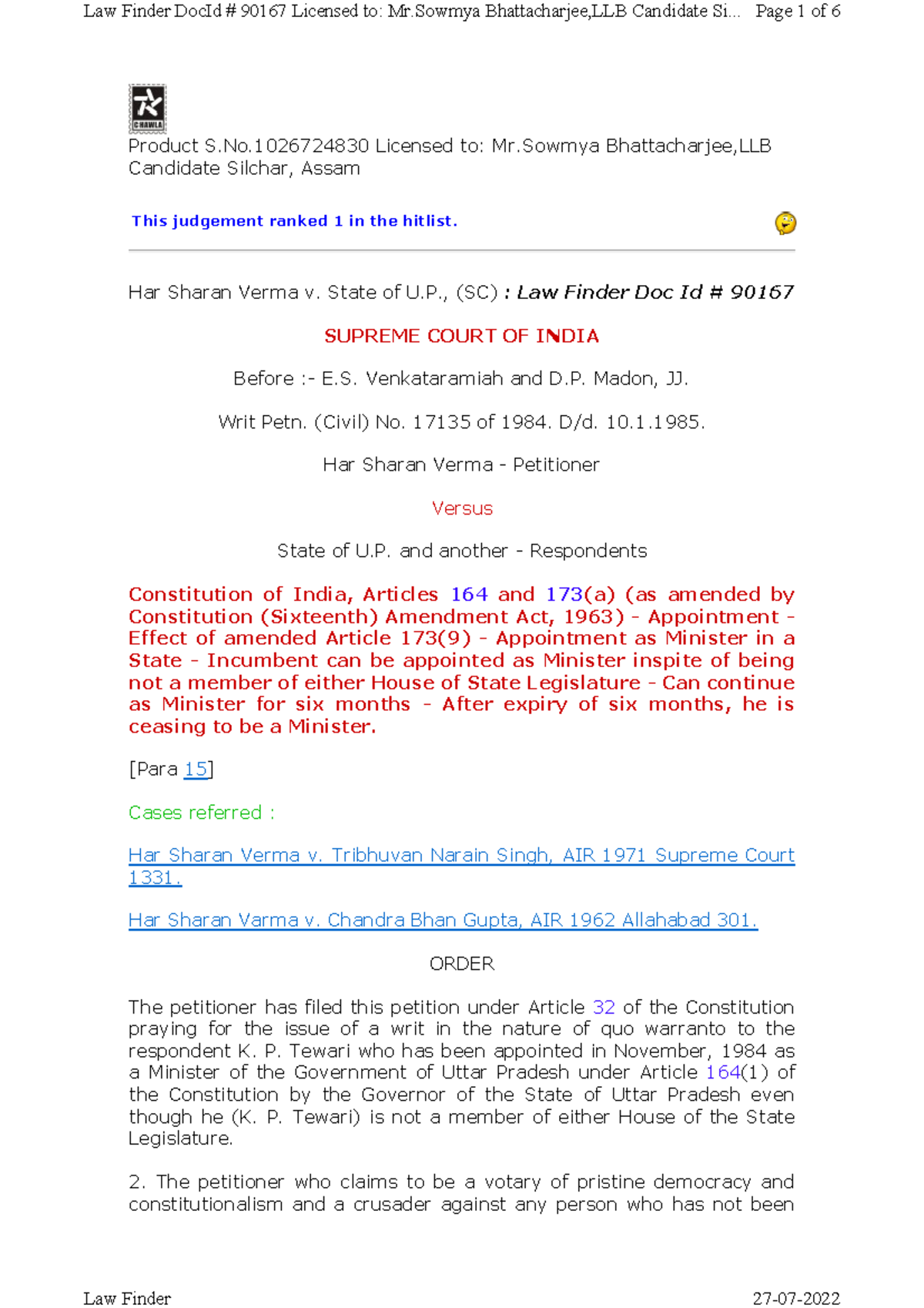 15. Har Sharan Verma v. State of U.P., [AIR 1985 SC 282] - Product S.No ...