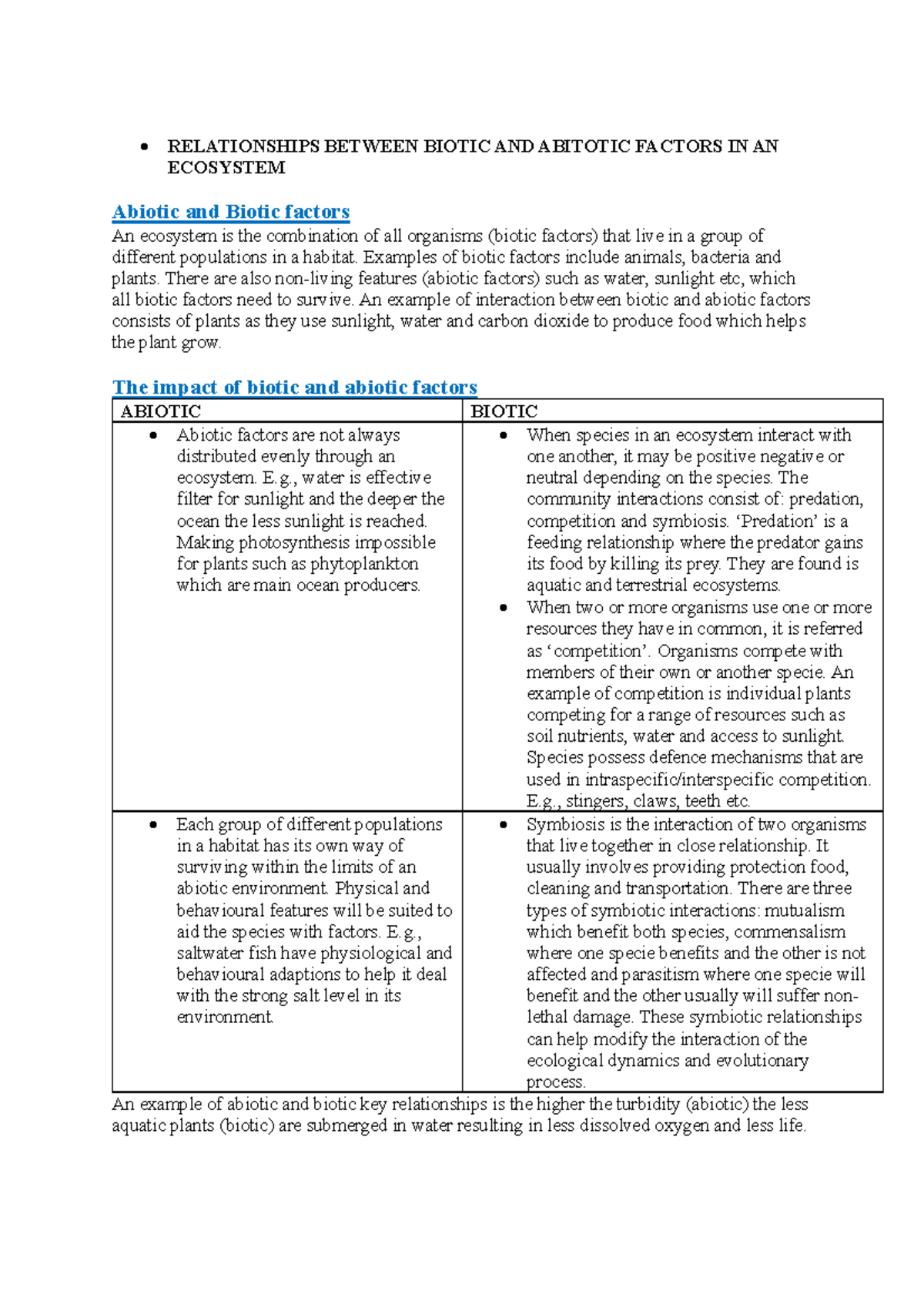 Biology Summary Notes - • RELATIONSHIPS BETWEEN BIOTIC AND ABITOTIC ...