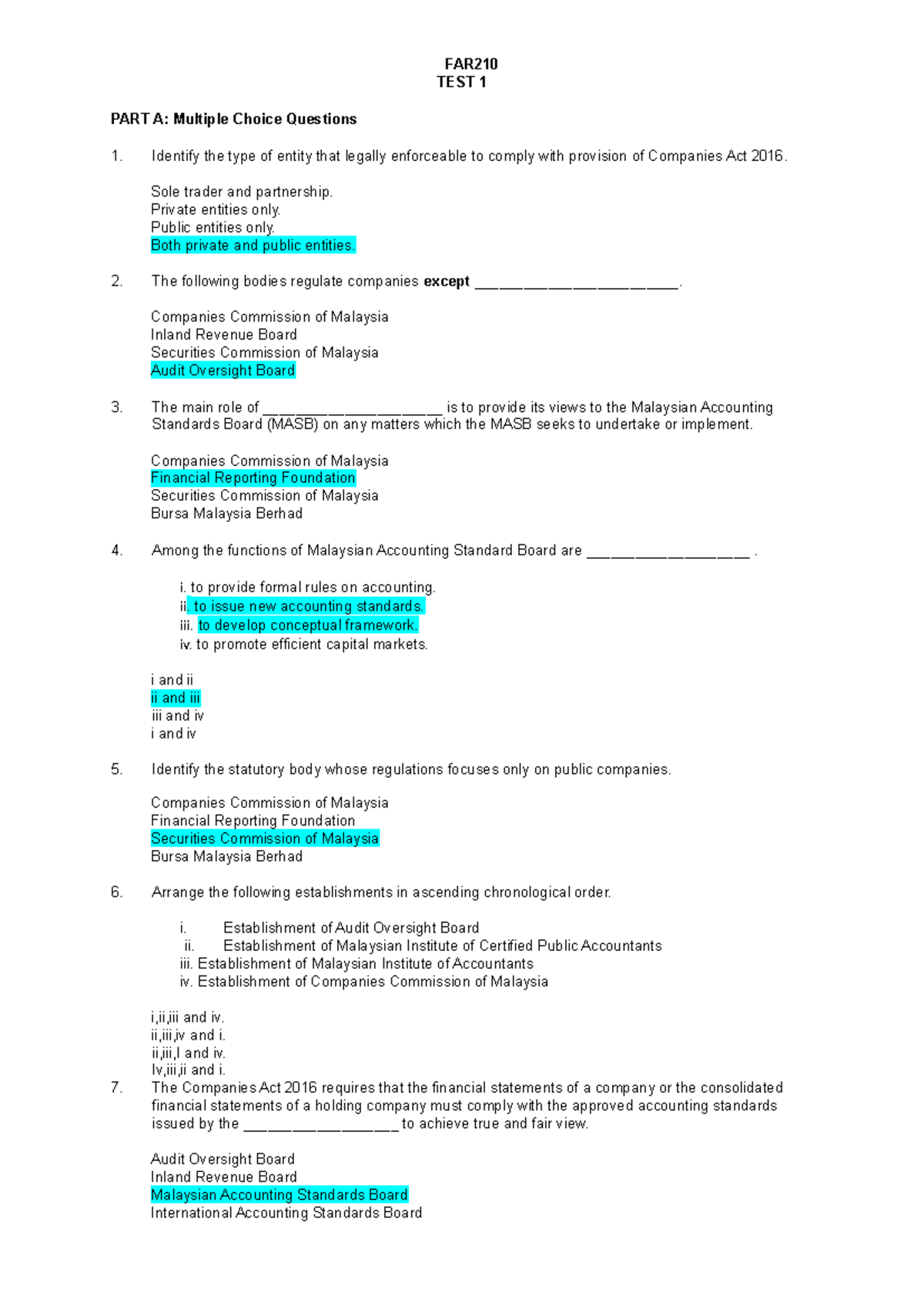 FAR210 TEST DEC2020 - some exercise that you can do - FAR TEST 1 PART A ...