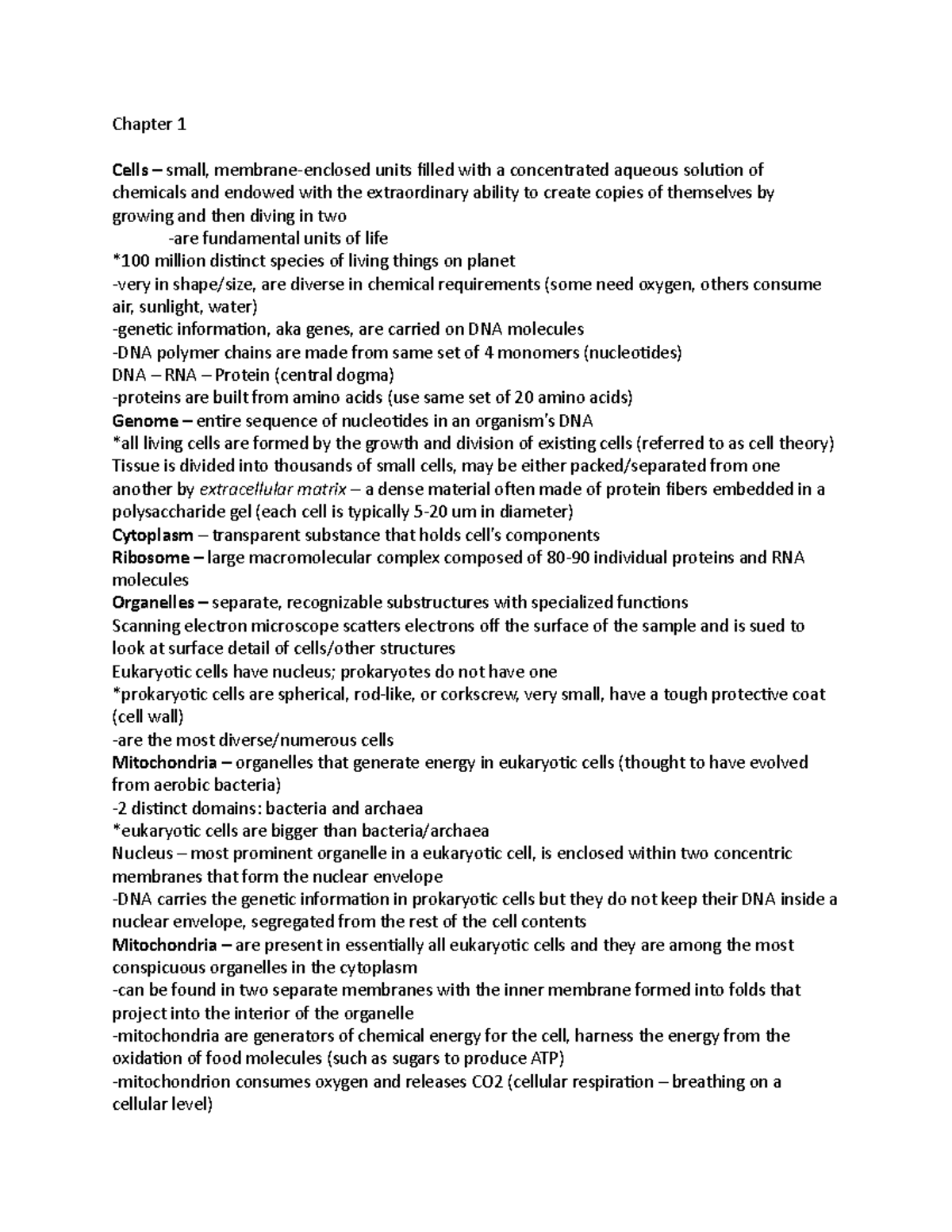 Chapter 1 Cell Biology Notes - Chapter 1 Cells – small, membrane ...