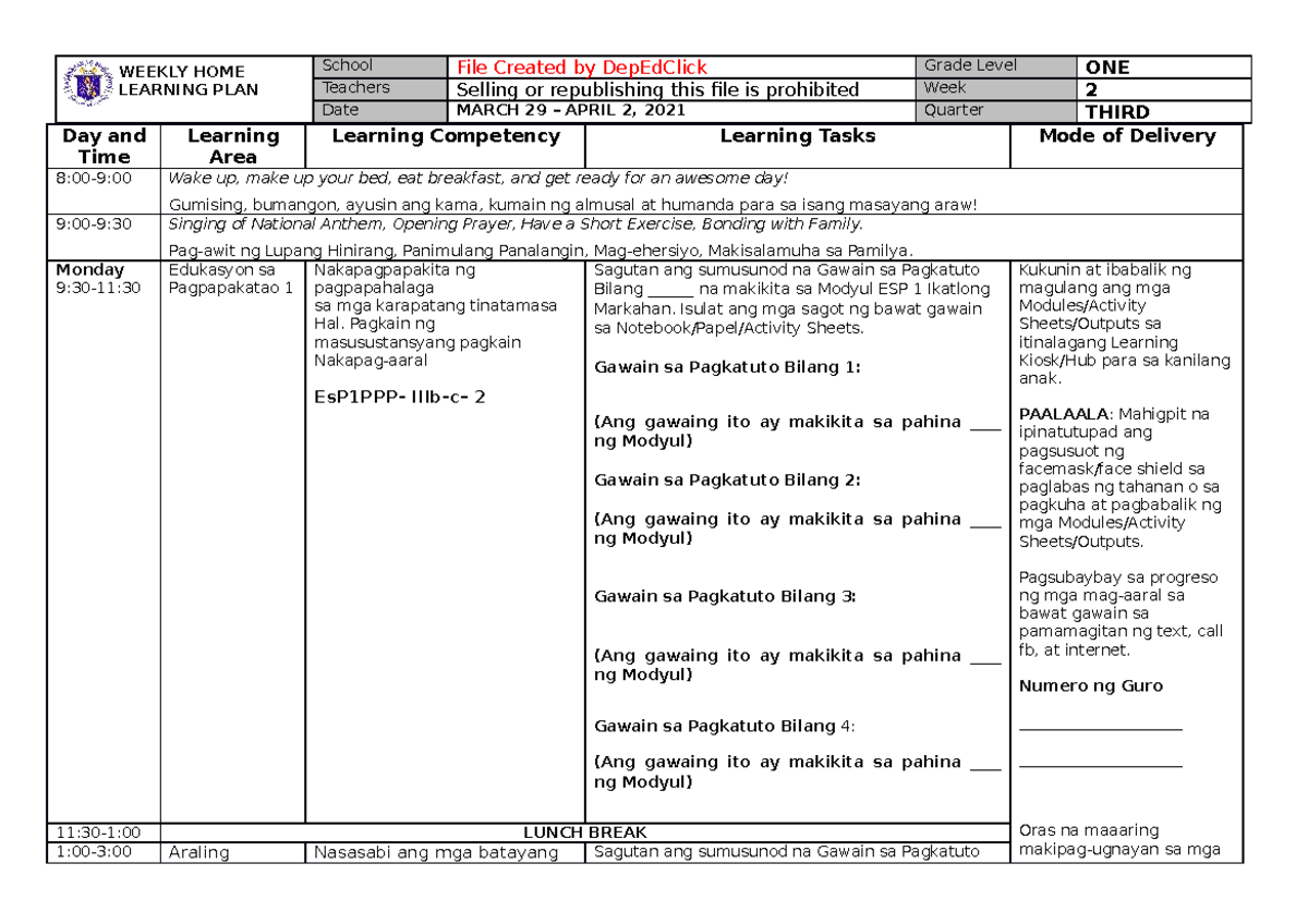Weekly Home Learning Plan- Grade 1 (Q3 Week 2) - WEEKLY HOME LEARNING ...