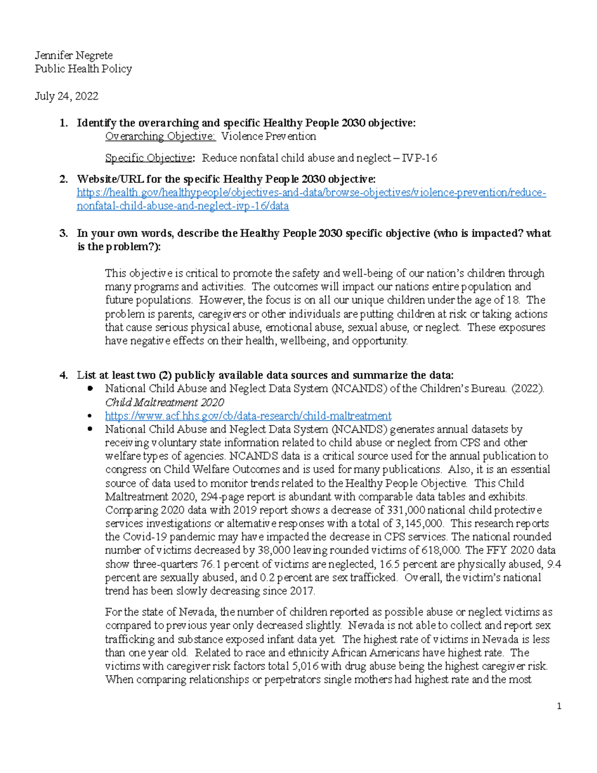 Child abuse and neglect objective - Jennifer Negrete Public Health ...