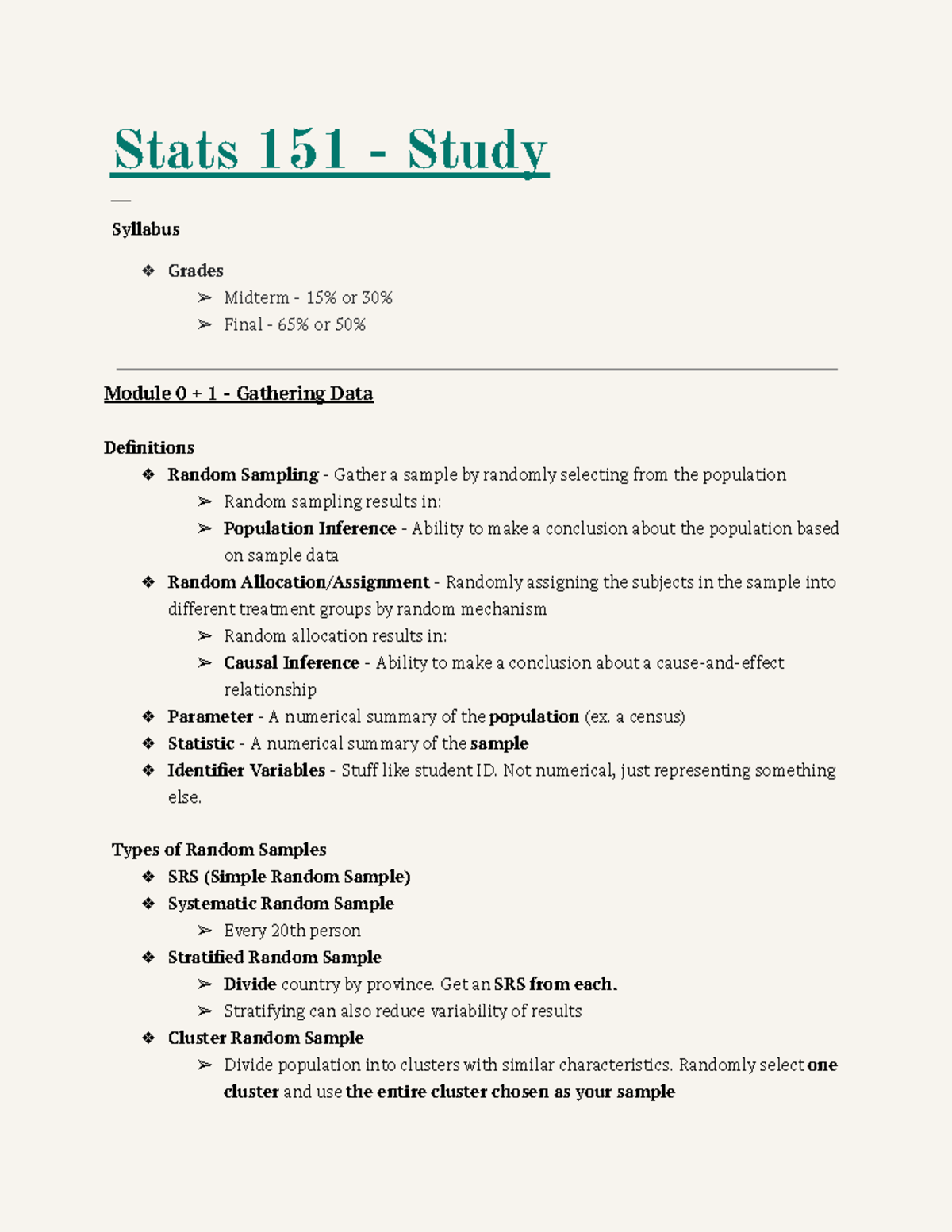 Stats 151 - FULL Midterm Review Cheatsheet - Stats 151 - Study ___ Syllabus Grades Midterm - 15% ...