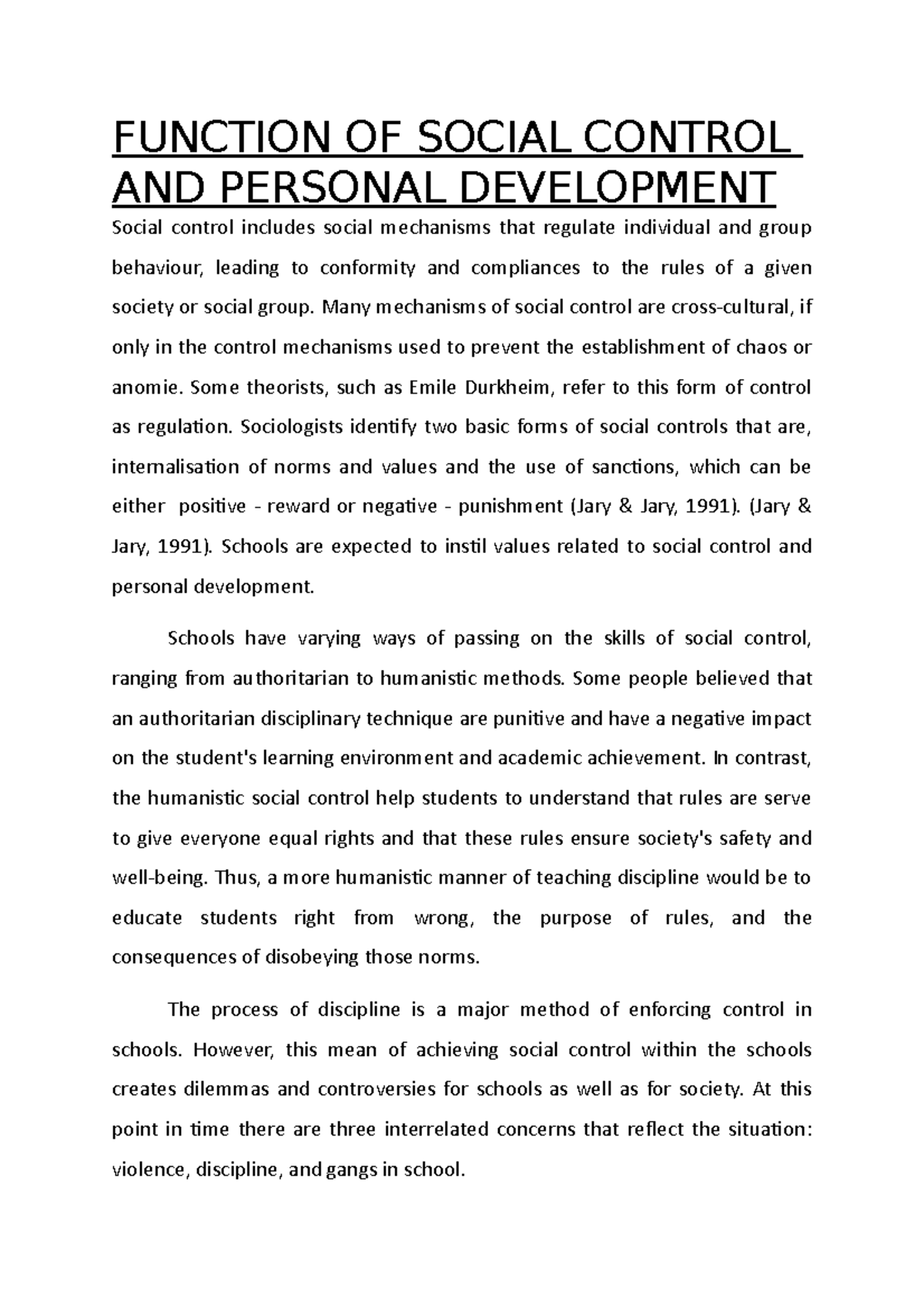 Function OF Social Control AND Personal Development - FUNCTION OF ...