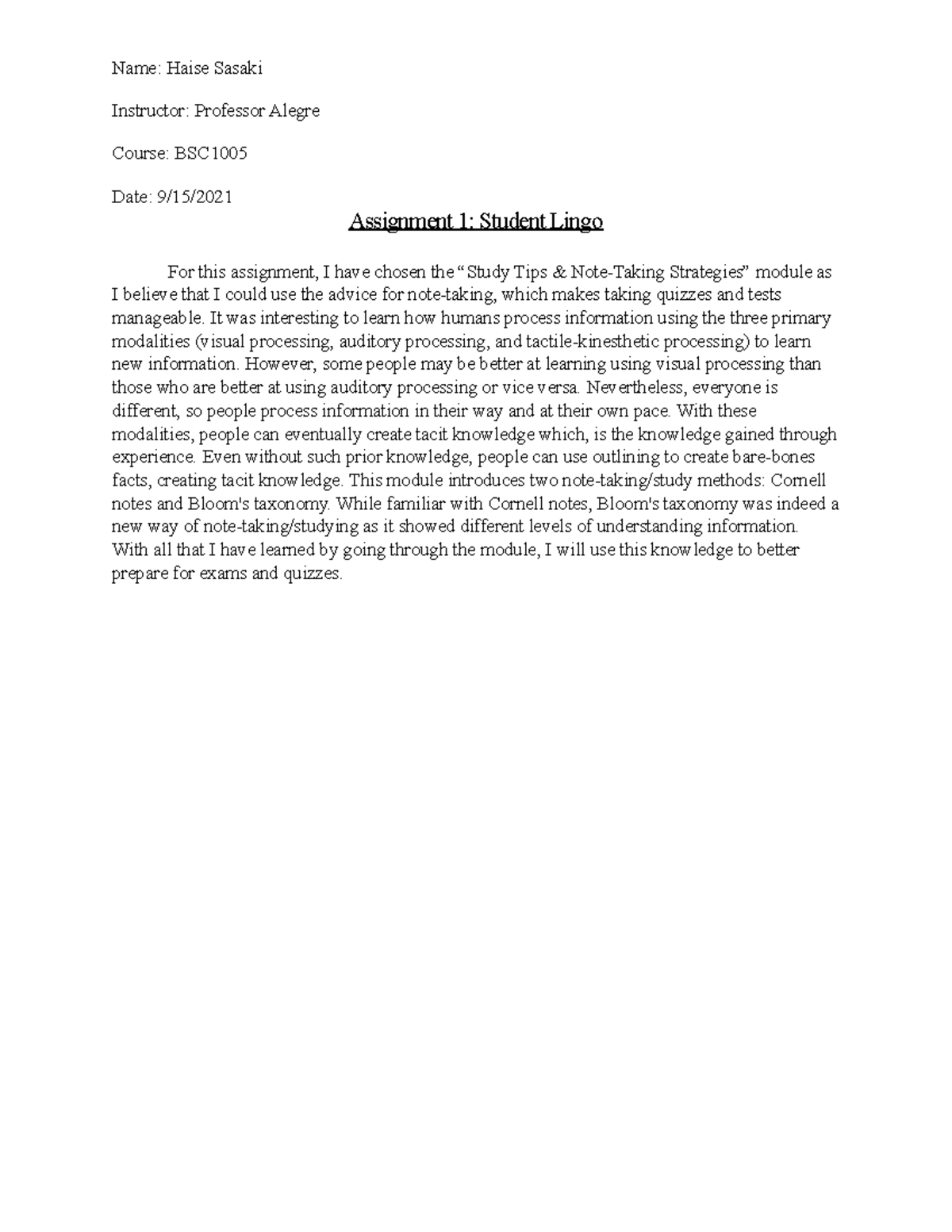 Assignment 1 - Student Lingo - Name: Haise Sasaki Instructor: Professor ...