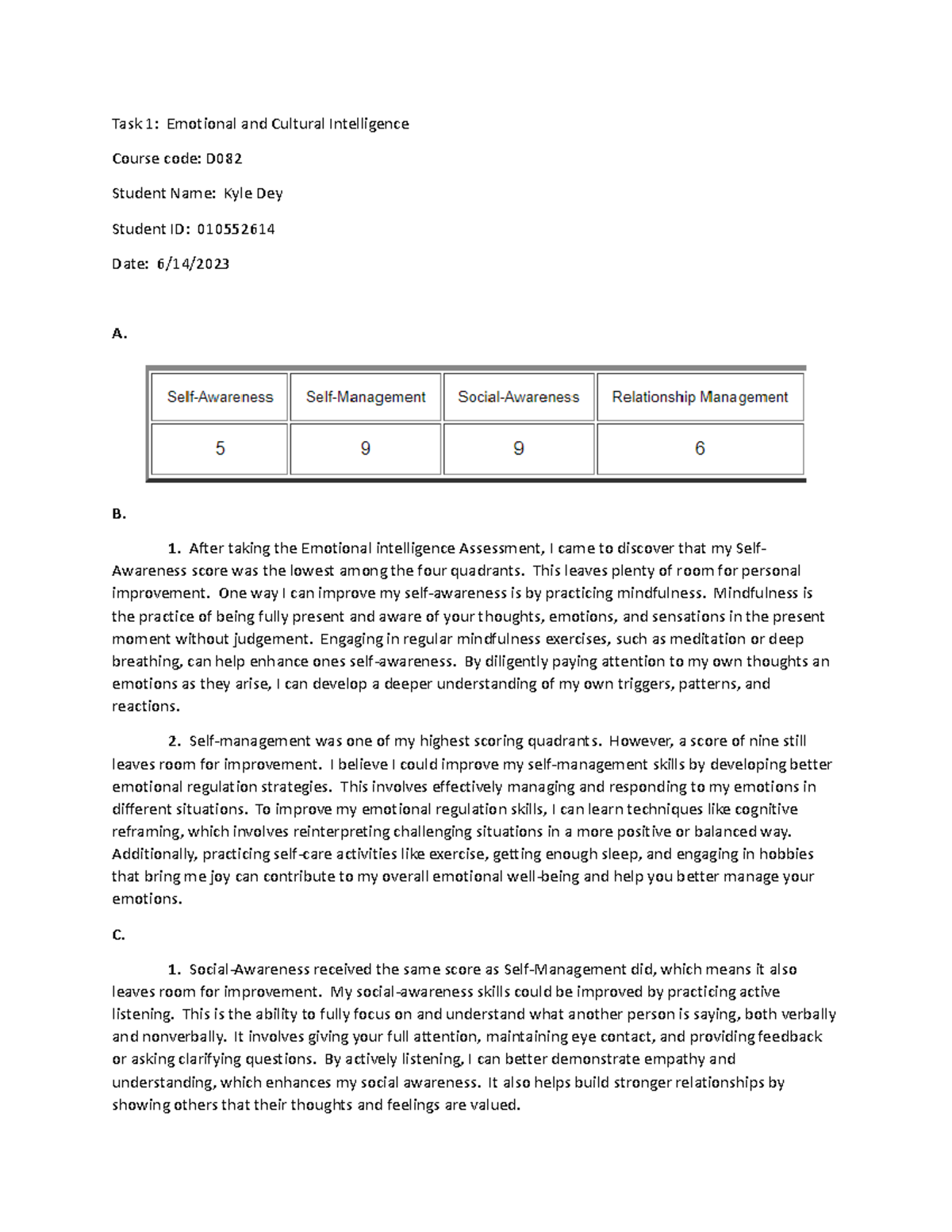 D082 Task 1 - Task 1 - Task 1: Emotional and Cultural Intelligence ...