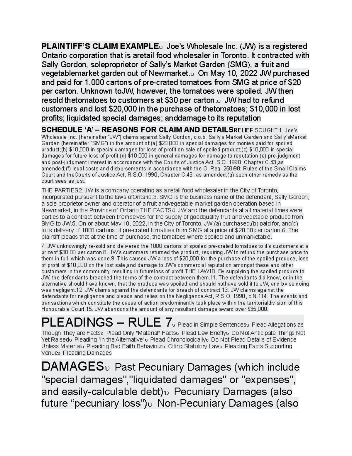 Document - notes - PLAINTIFF’S CLAIM EXAMPLE Joe’s Wholesale Inc. (JW ...