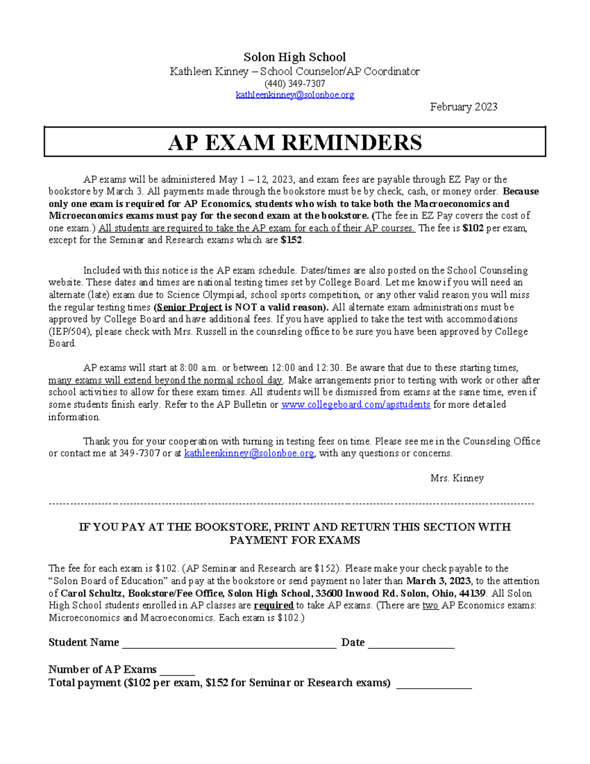 AP Exam Reminders February 2023 - Solon High School Kathleen Kinney ...