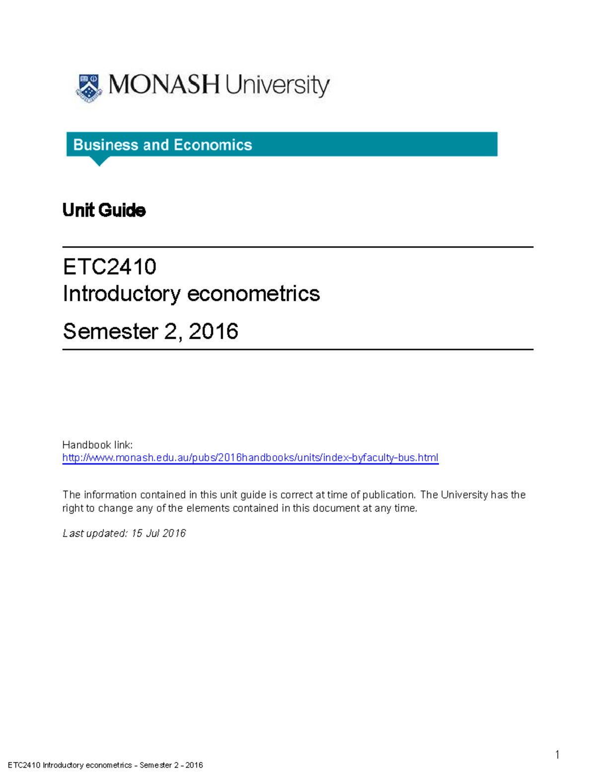 Unit Guide Etc2410 Introductory Economet 1 Unit Guide Etc Introductory Econometrics Semester 2