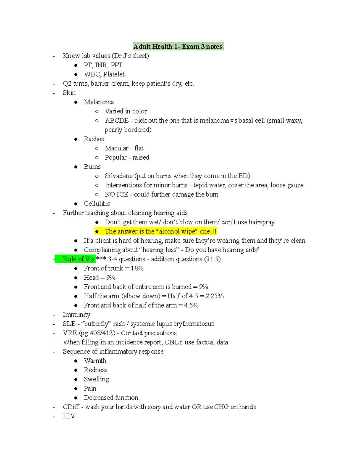 Adult Health 1 - Exam 3 notes 2 - Adult Health 1- Exam 3 notes Know lab ...