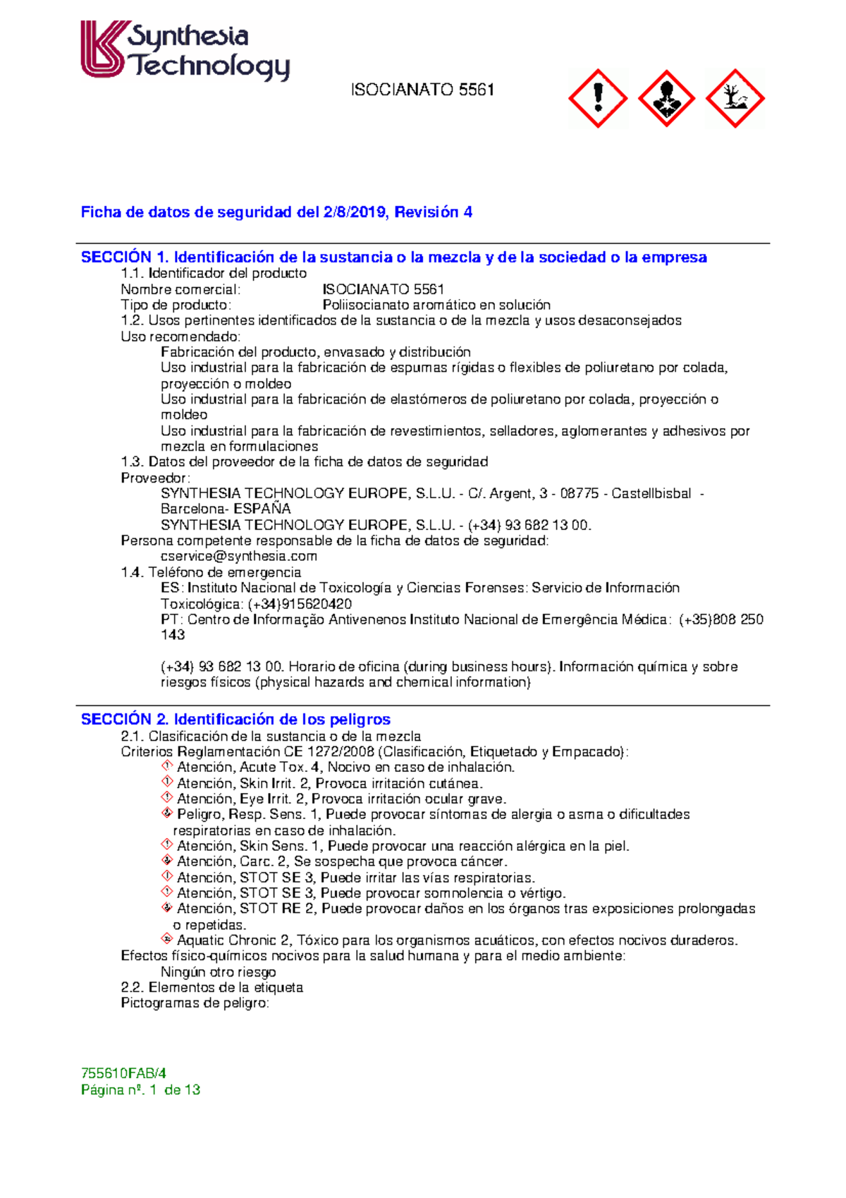 Isocianato synthesia - isocionato - Ficha de datos de seguridad del 2/8 ...