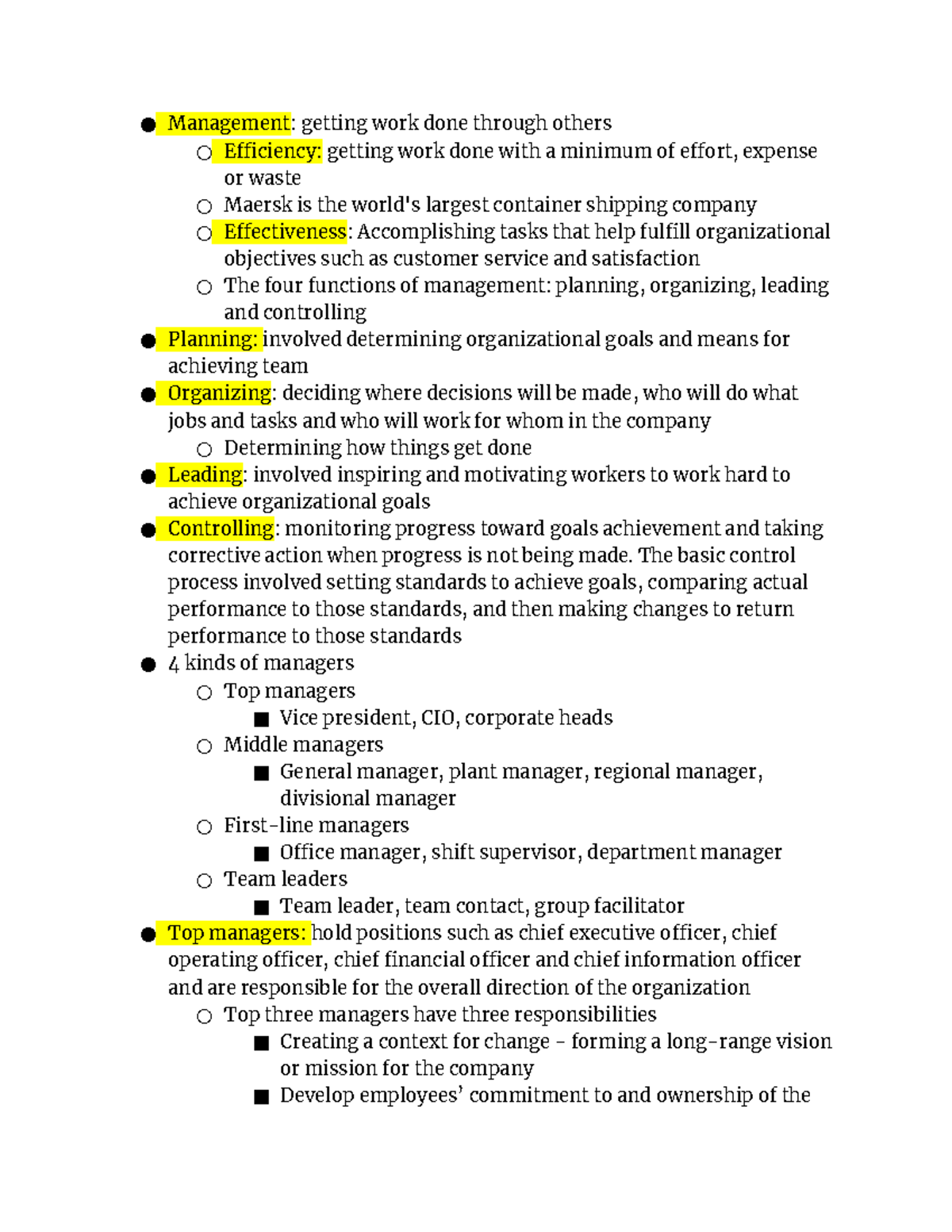 week 1 chapter 1 - Management: getting work done through others Efficiency: getting work done ...
