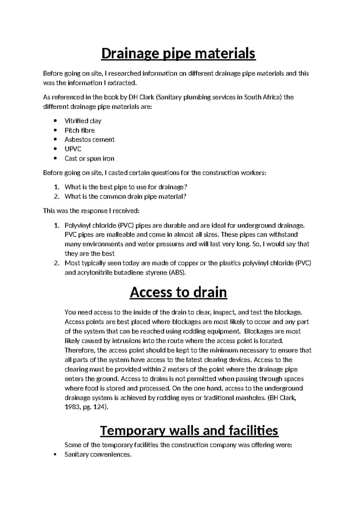 GBD 112 - Drainage pipe materials Before going on site, I researched ...