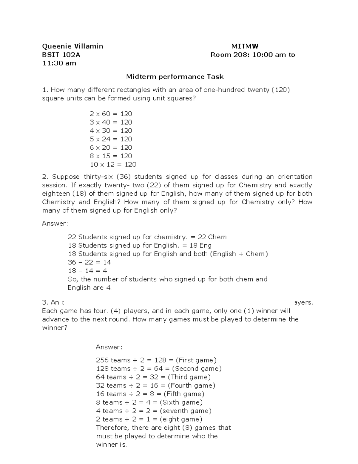MATH PETA 1 - BASTA - Queenie Villamin MITMW BSIT 102A Room 208: 10:00 ...