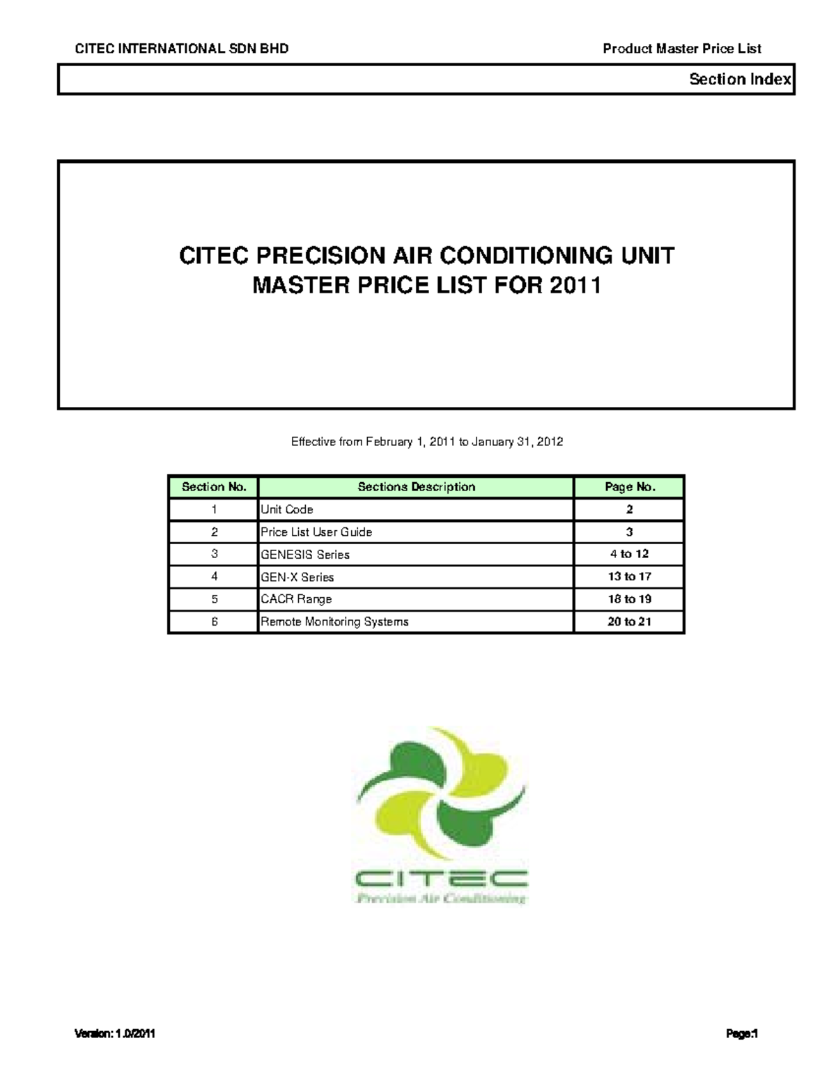 Price List Citec 2011 - Section Index CITEC PRECISION AIR CONDITIONING ...