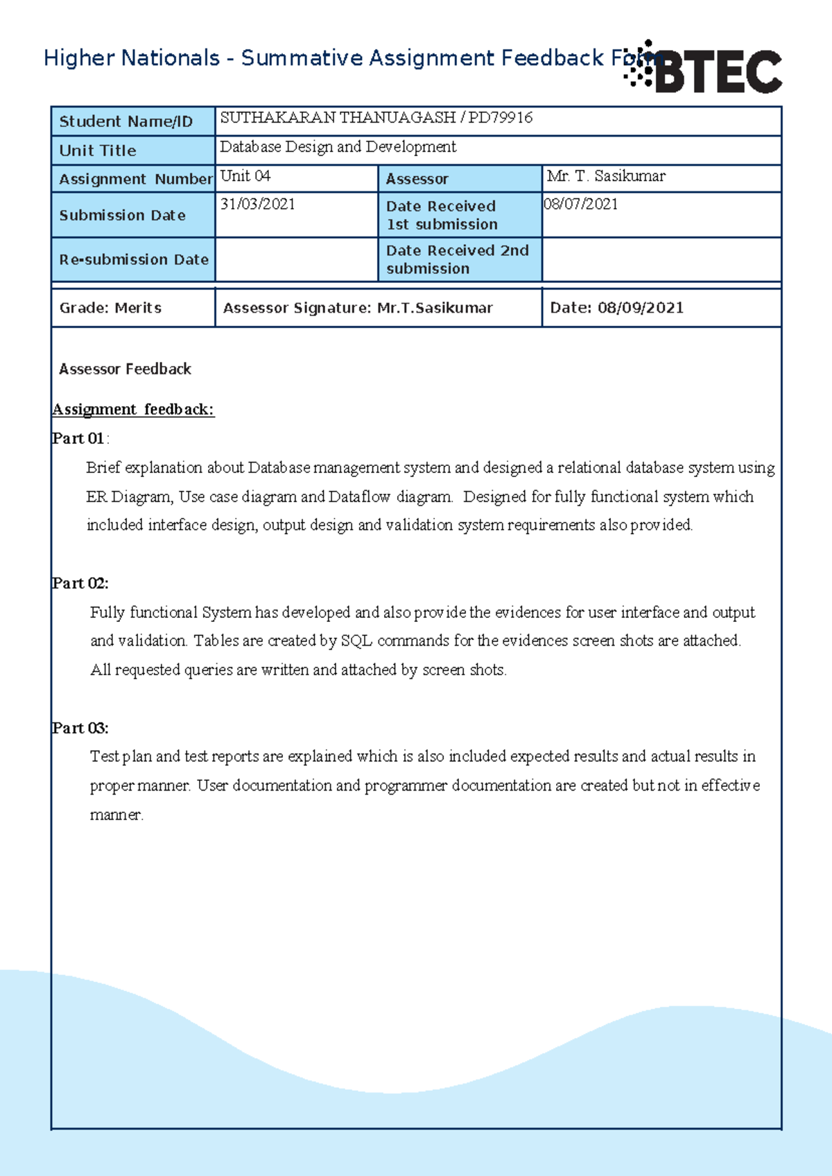 Assesment Sheet -Unit 04 -Database Design and Development -Aagash ...