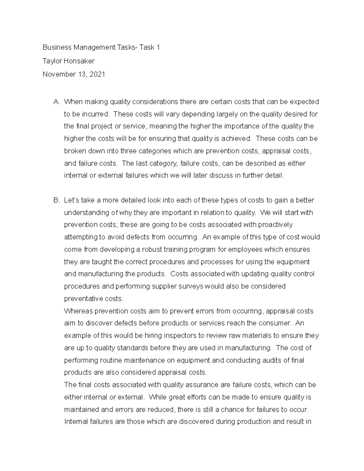 Business Management Tasks- Task 1 Performance Assessment - Business ...