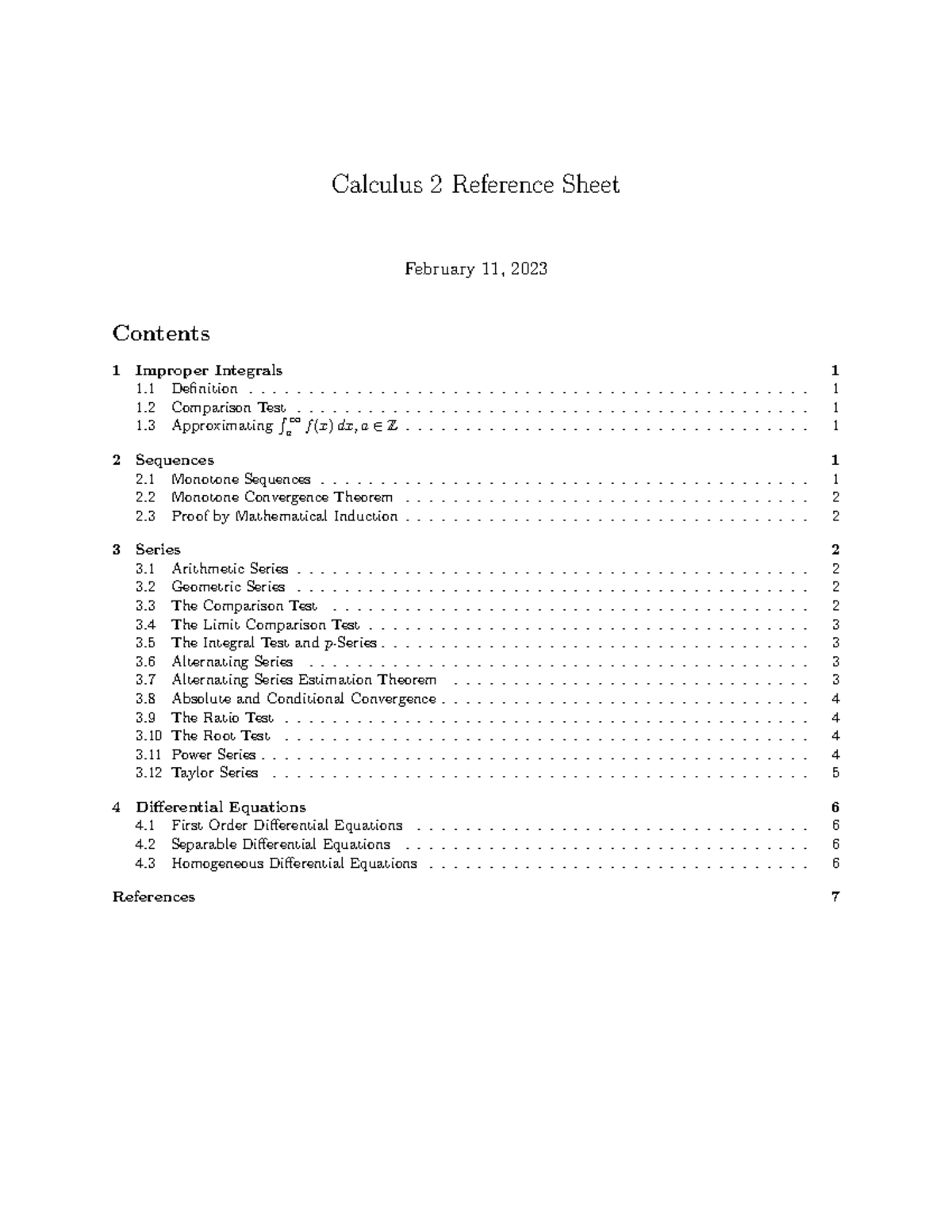 Calculus II Reference Sheet - It has the form ∫ ∞ a f (x) dx, ∫ b −∞ f ...
