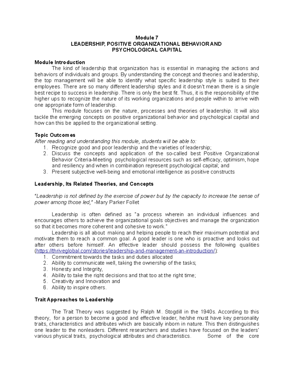 Chapter 7 Leadership, Positive Organizational Behavior, and Psychological Capital - Module 7 ...