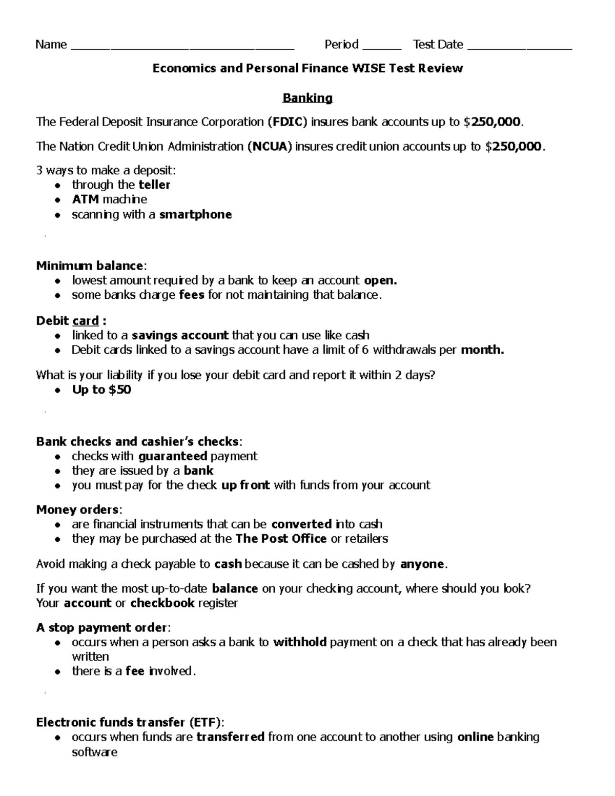 Copy of Banking Wise Review Study Guide - Name ...