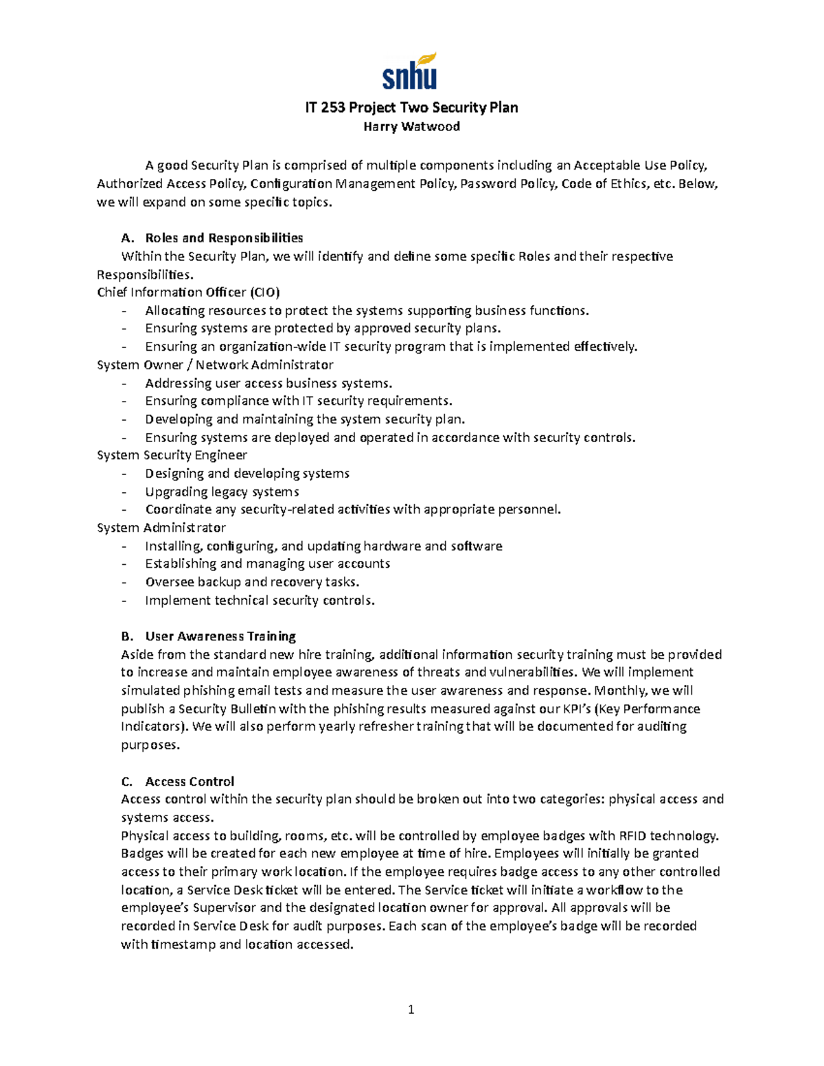 IT 253 Project Two Security Plan - Below, we will expand on some ...