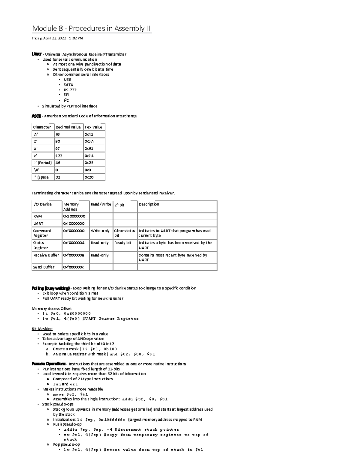 CSE230-Mod8 - Course module summary. Covers the second half of procedures in assembly material ...
