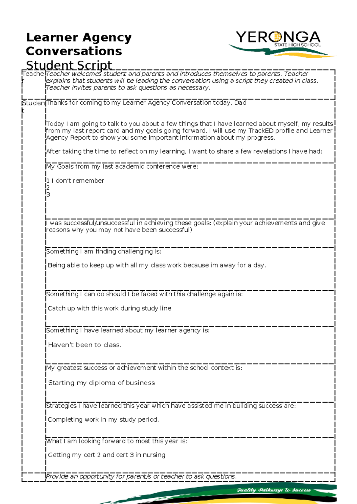 2024 year 11 YSHS Learner Agency Conversation Script - Year 8 to 12 ...