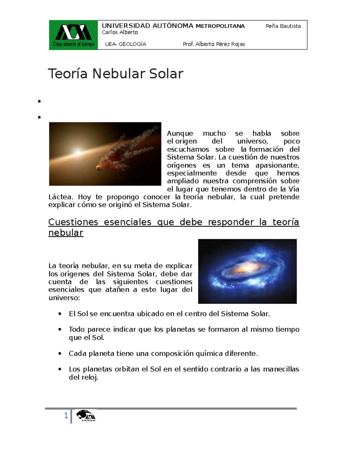 Teoría Nebular Solar - UNIVERSIDAD AUTÓNOMA METROPOLITANA Peña Bautista ...