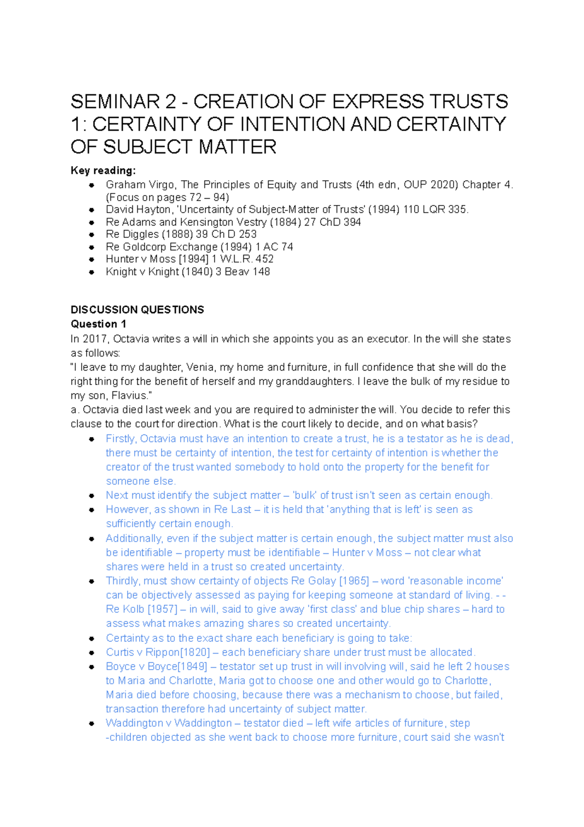 LL3002 EQUITY AND TRUSTS Seminar 2 RHUL - SEMINAR 2 - CREATION OF EXPRESS TRUSTS 1: CERTAINTY OF ...