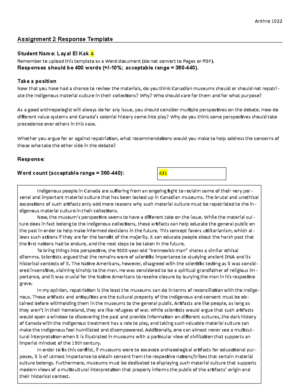 Layal El Kak Assignment 2 - Anthro 1022 Assignment 2 Response Template ...