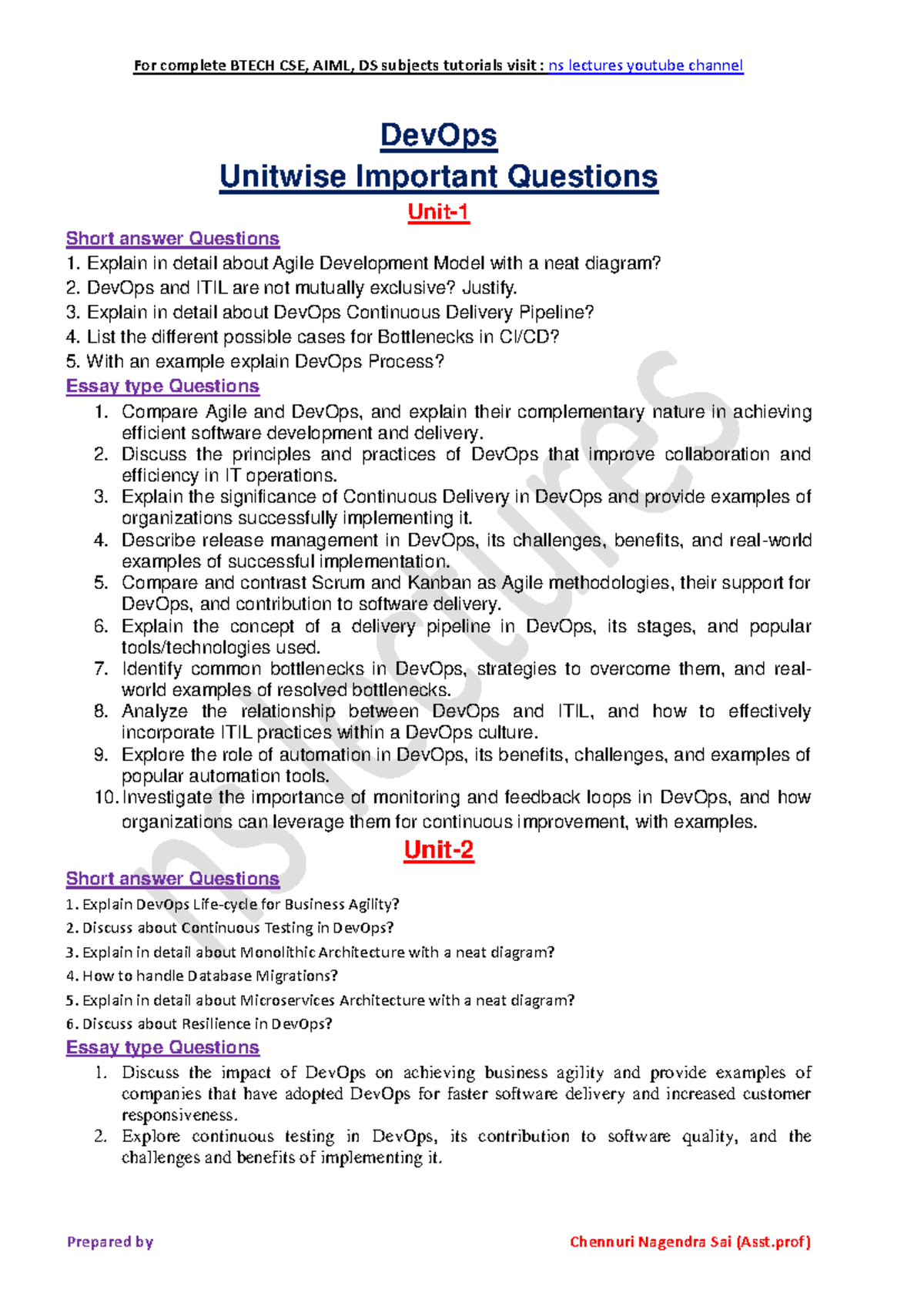 Devops Unitwise imp questions - DevOps Unitwise Important Questions Unit- 1 Short answer ...