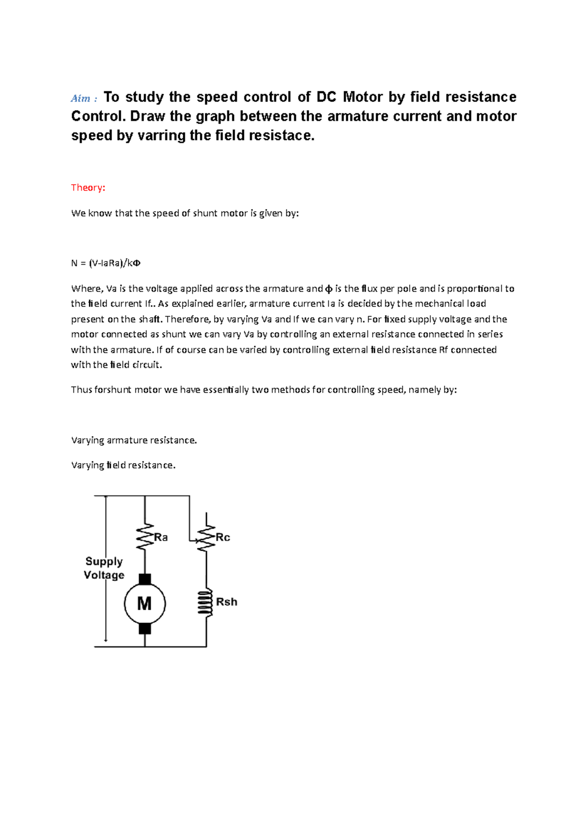 Experiment 7 - Notes - Aim : To study the speed control of DC Motor by ...