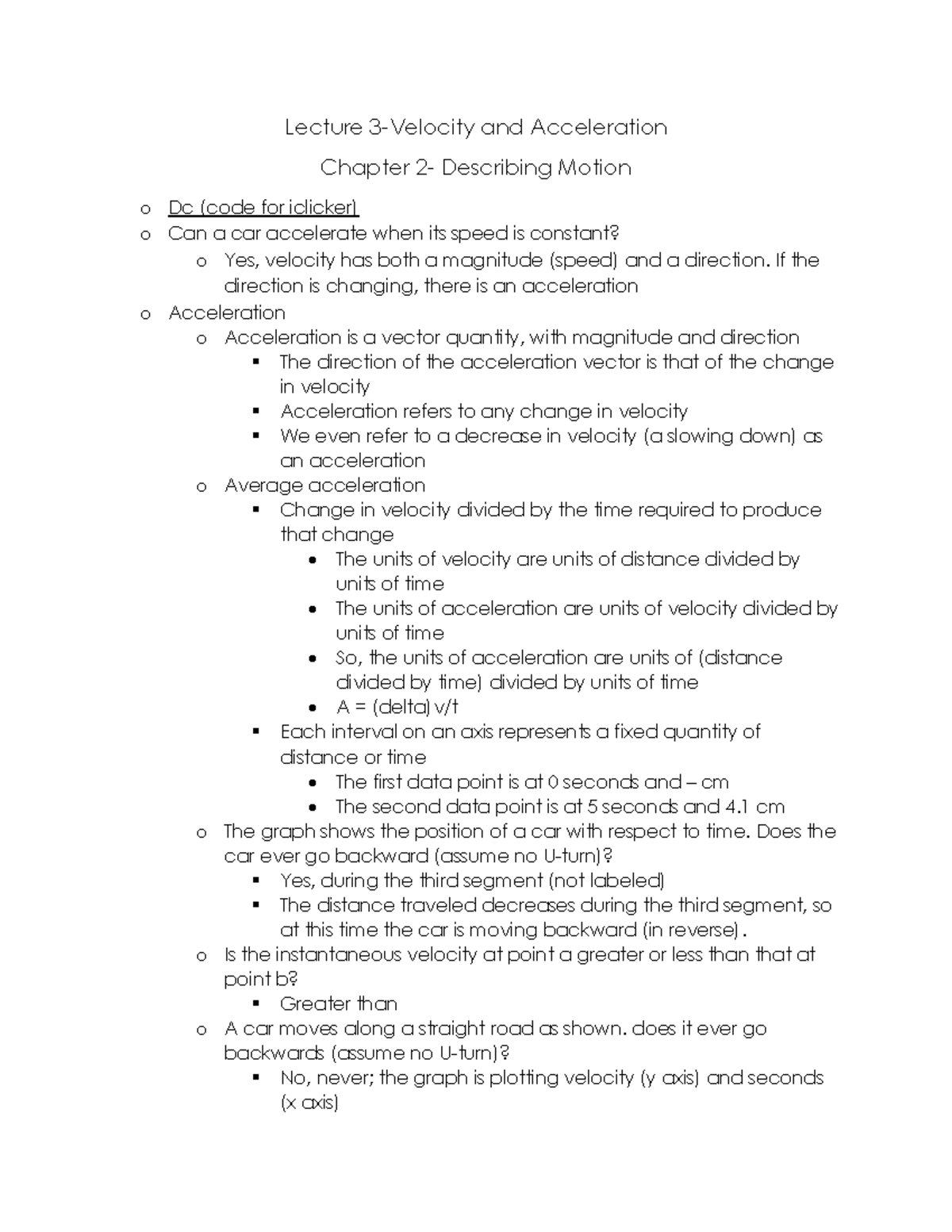 lecture 3- velocity and acceleration chapter 2- describing motion ...