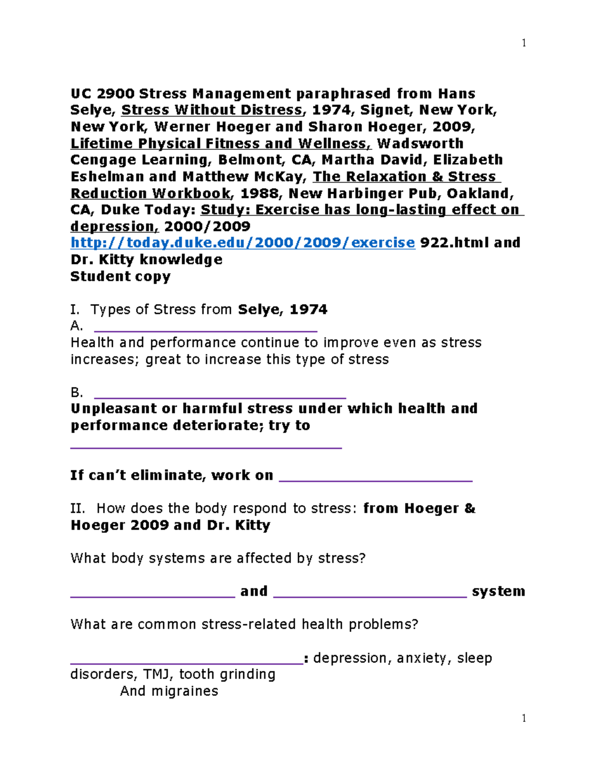 Stress Management - duke/2000/2009/exercise 922 and Dr. Kitty knowledge ...