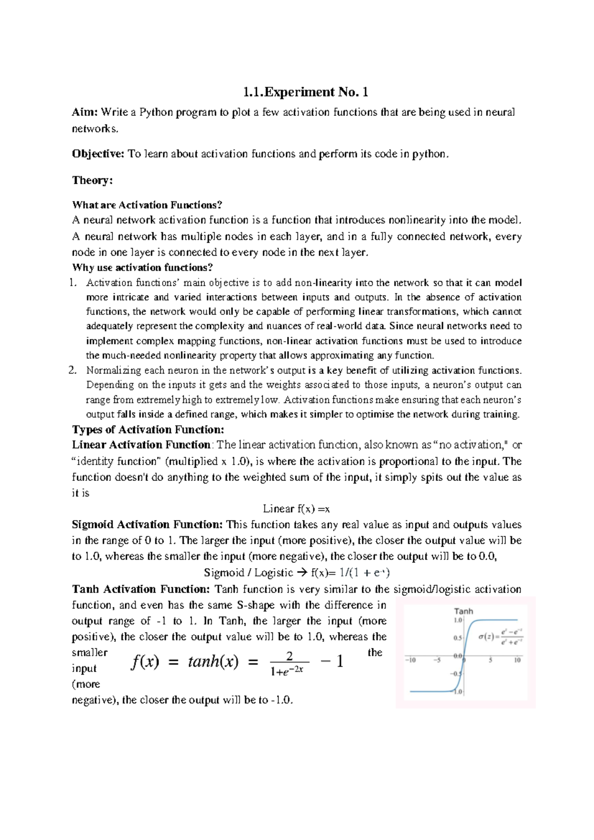 Activation Function - 1. Experiment No. 1 Aim: Write a Python program to plot a few activation ...