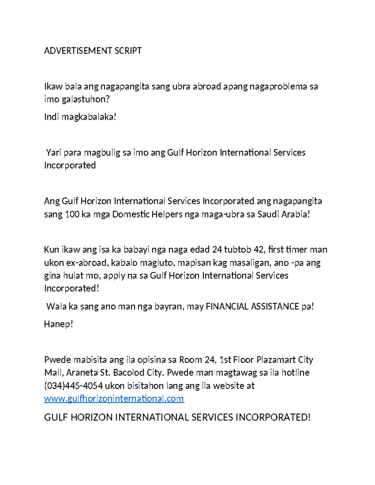 Advertisement Script - ADVERTISEMENT SCRIPT Ikaw bala ang nagapangita ...