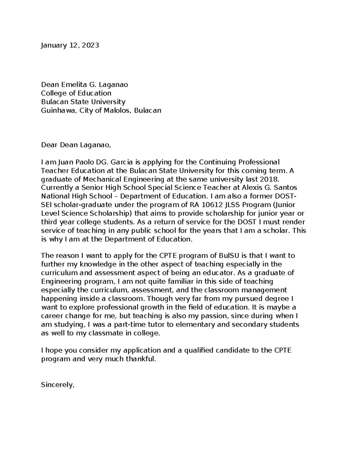Application letter cpte - January 12, 2023 Dean Emelita G. Laganao ...