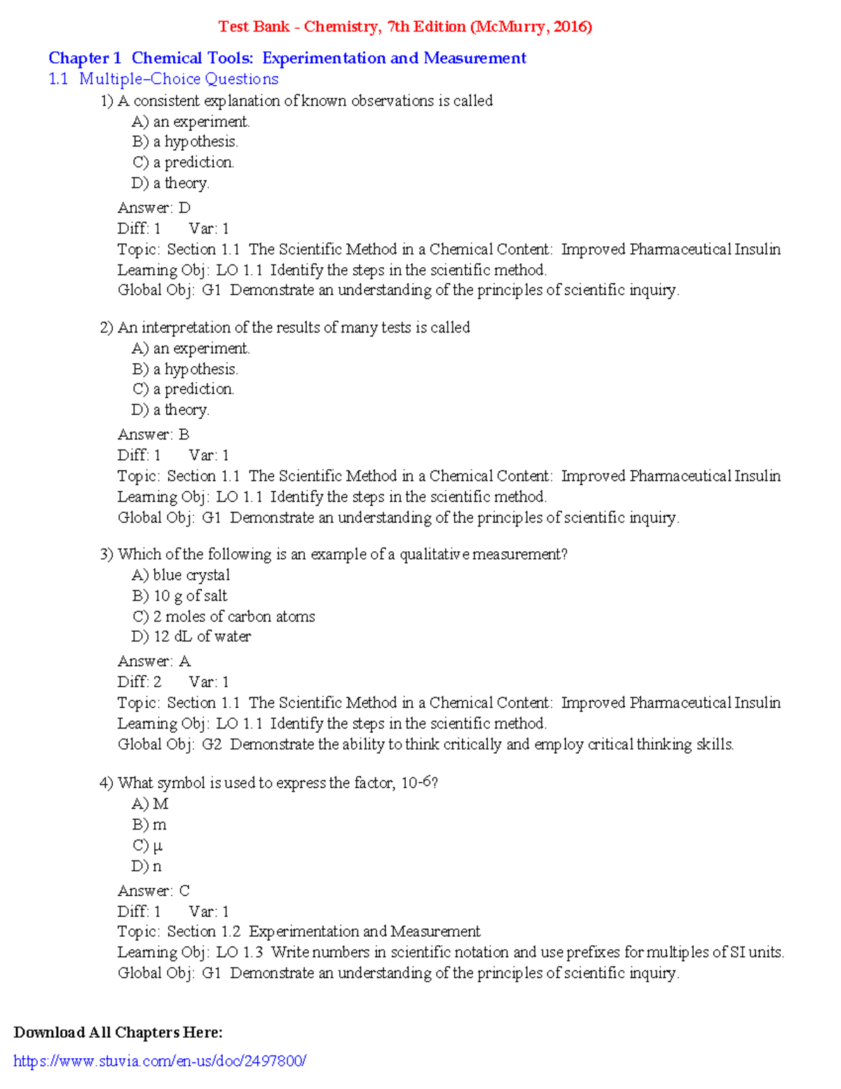 Test Bank - Chemistry, 7th Edition (Mc Murry, 2016) - Chapter 1 ...
