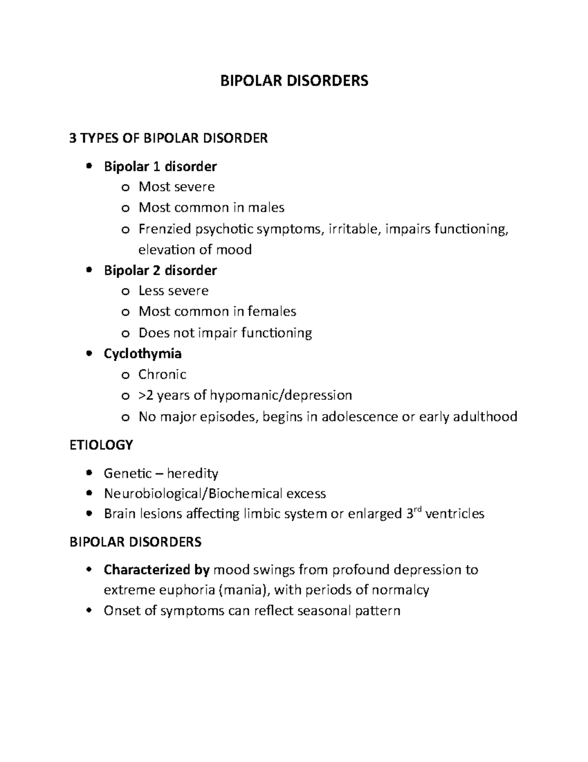 Bipolar diorders - NUR115 Dr. Boyer lecture notes on depressive ...