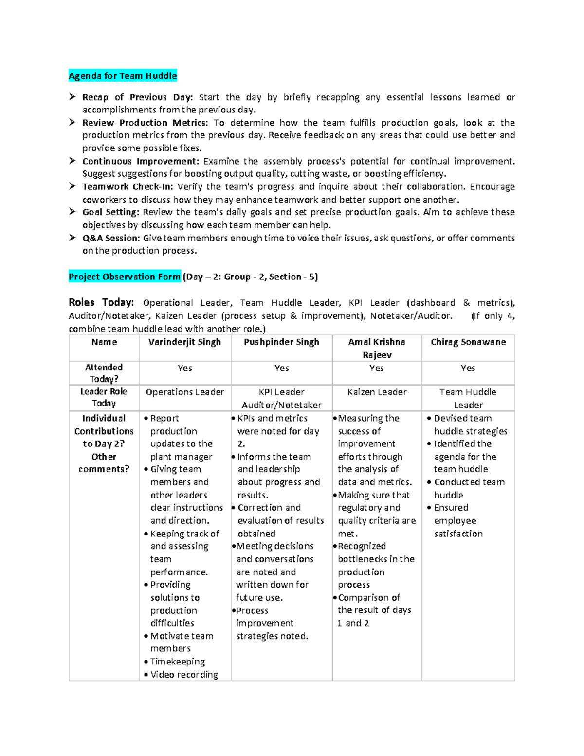Group - 2 (Project In-Class) Week - 2 - Agenda for Team Huddle Recap of ...