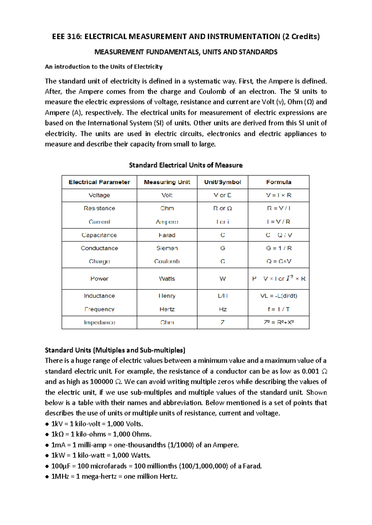 EEE 316 lecture note - EEE 316: ELECTRICAL MEASUREMENT AND ...