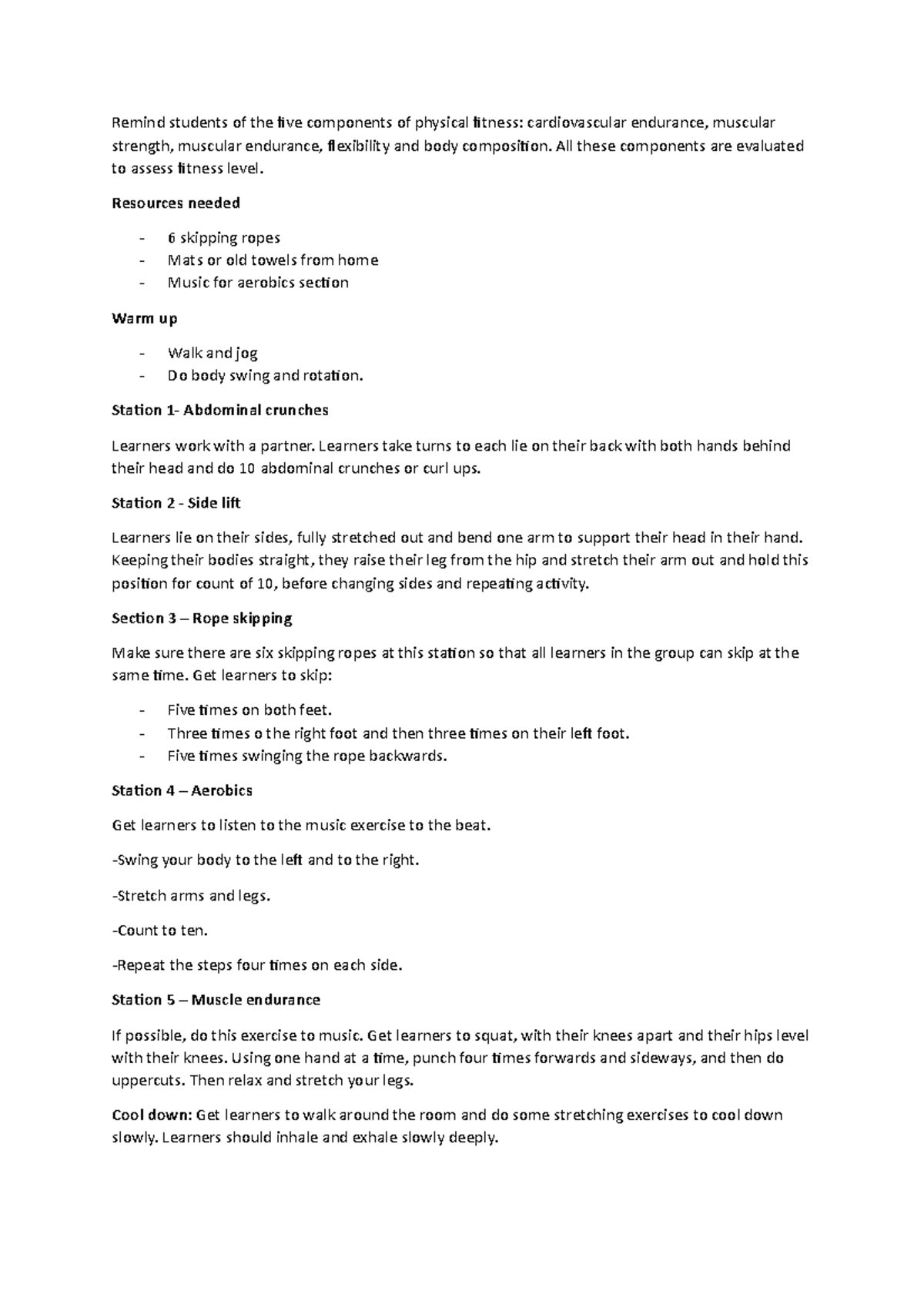 PE ( Physical Education)- Notes - Remind students of the five ...