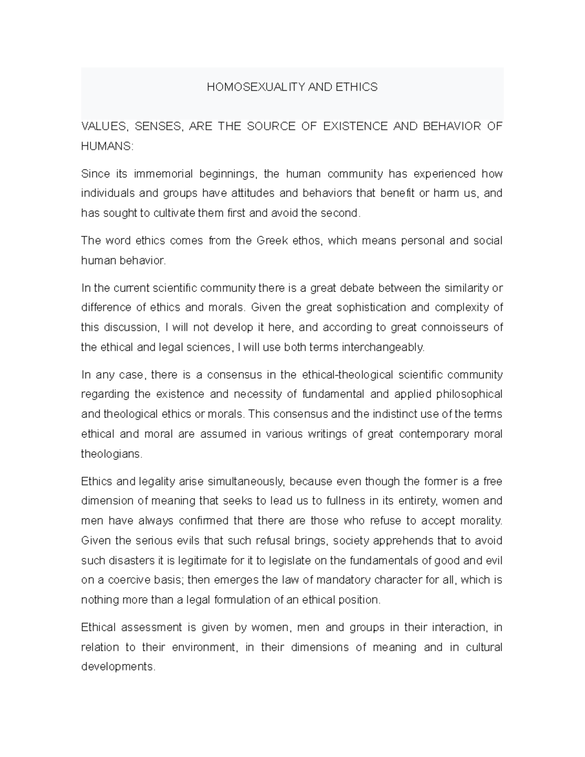 Homosexuality AND Ethics - HOMOSEXUALITY AND ETHICS VALUES, SENSES, ARE ...