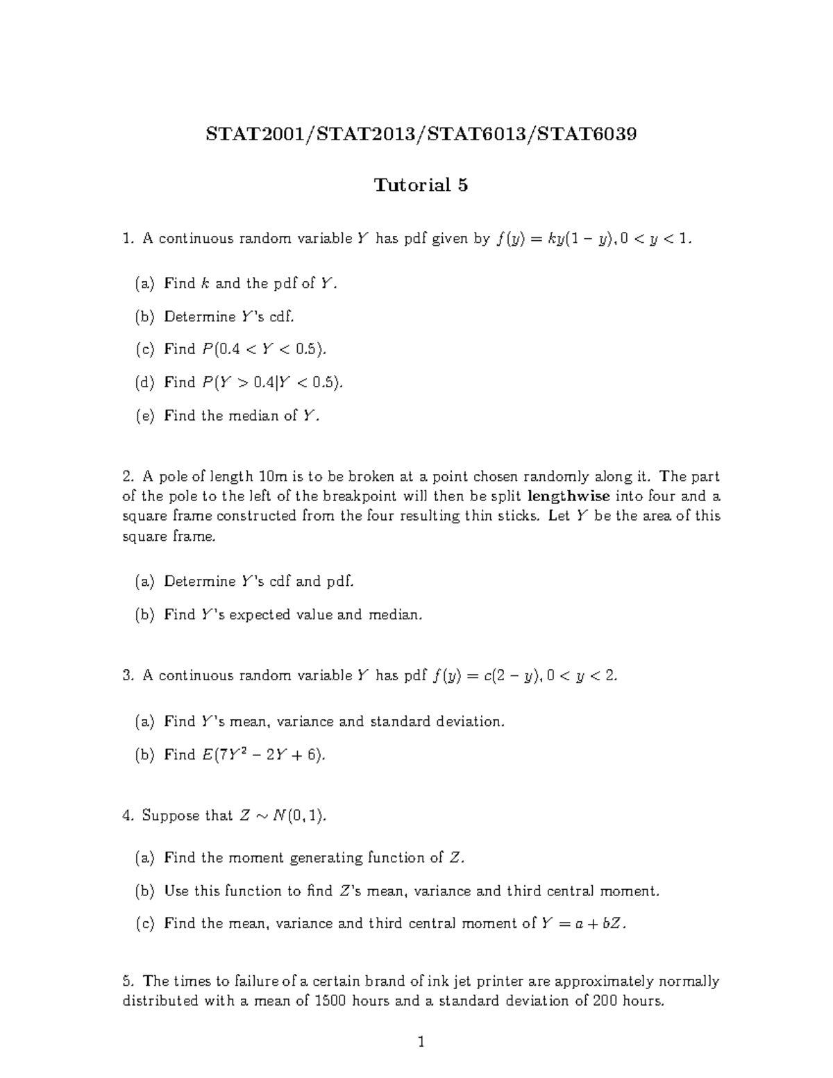 Tutorial 5 - STAT2001/STAT2013/STAT6013/STAT Tutorial 5 A continuous ...