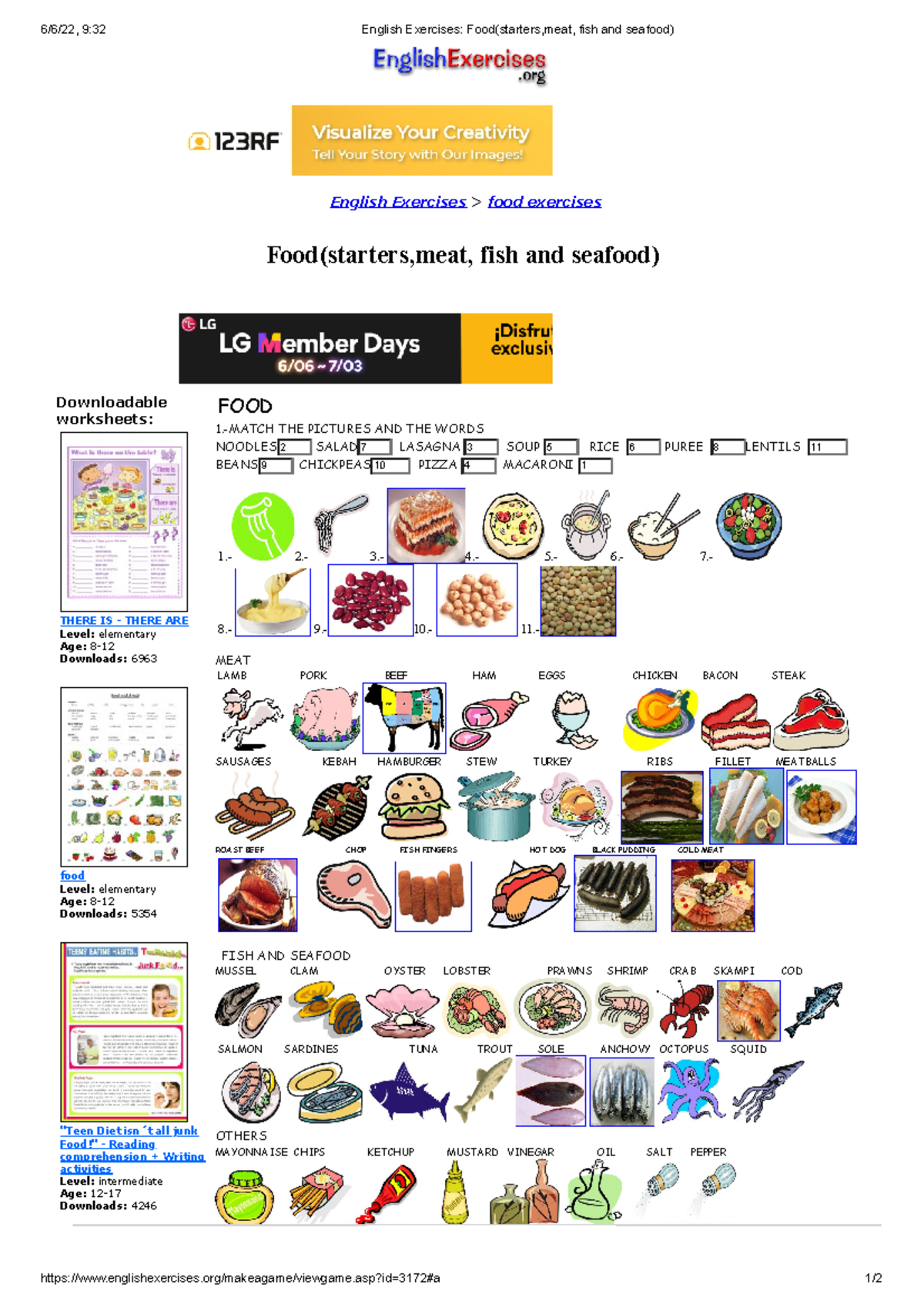 English Exercises Food(starters,meat, fish and seafood) - 6/6/22, 9:32 ...